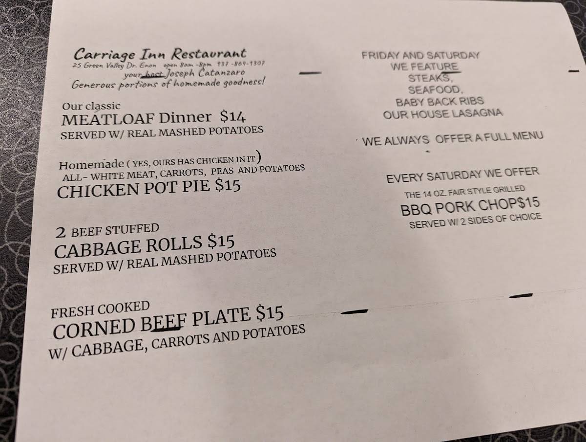 Menu at Carriage Inn Restaurant, Enon