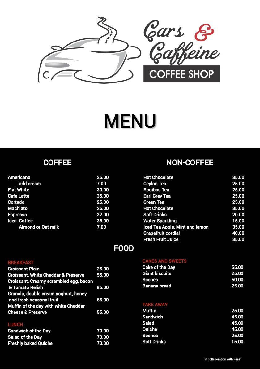 Menu at Cars & Caffeine Coffee Shop, Paarl