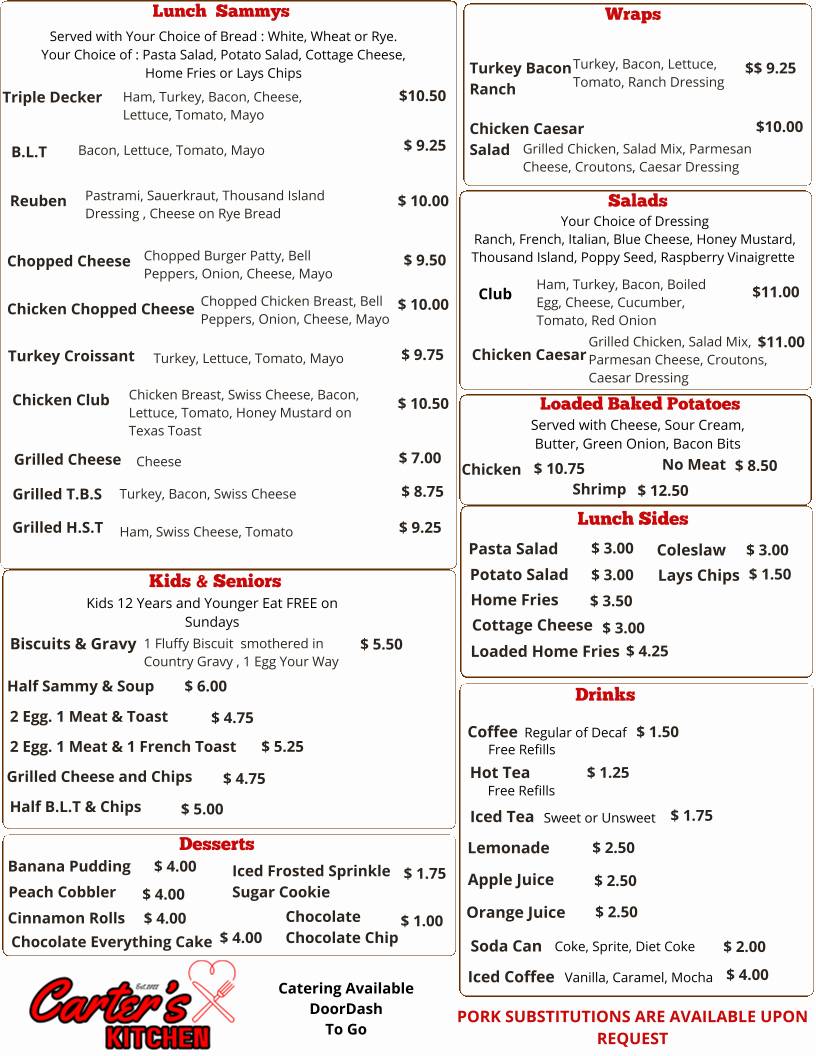 Menu at Carter's Kitchen restaurant, Anderson