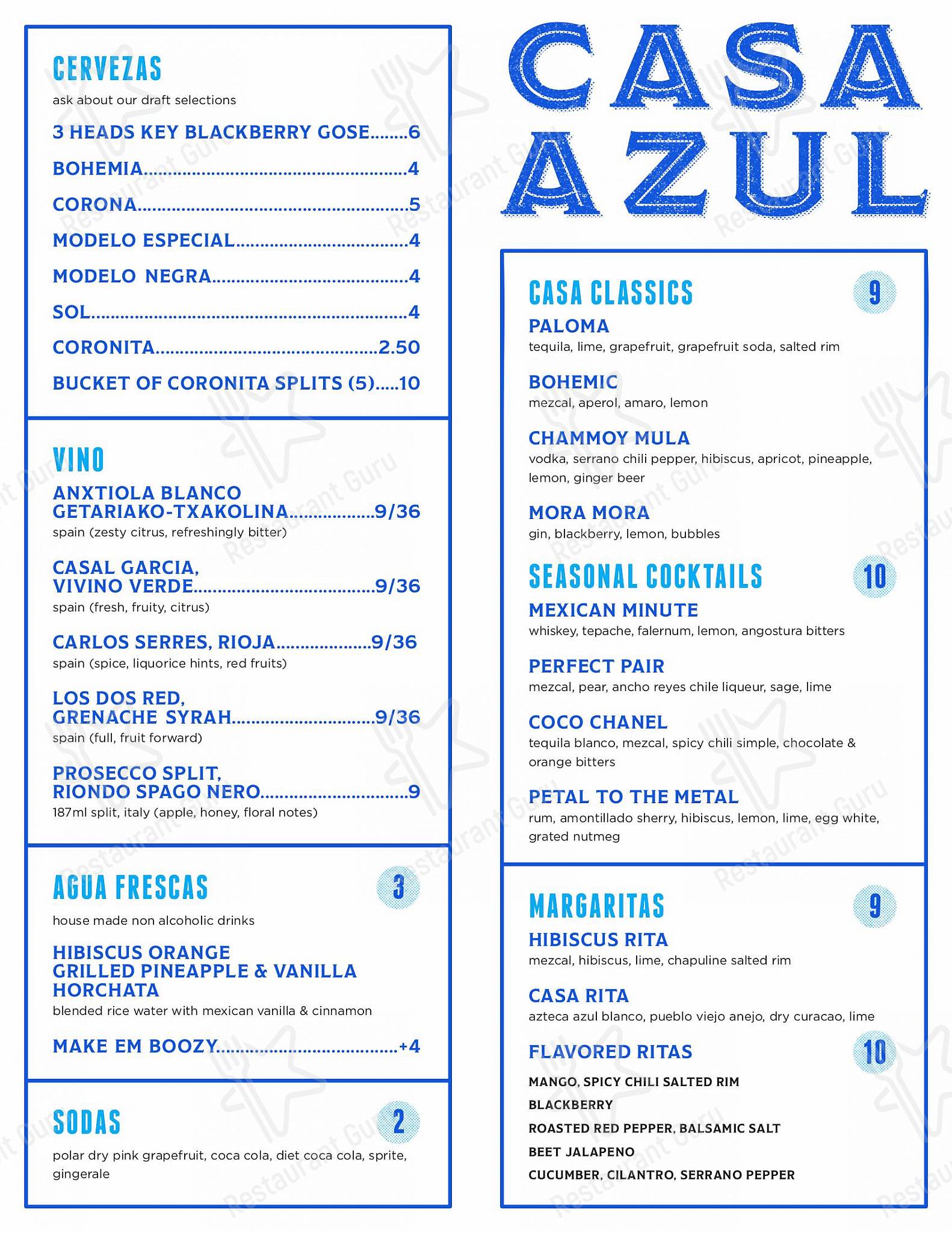Menu at Casa Azul restaurant, Buffalo, 191 Allen St