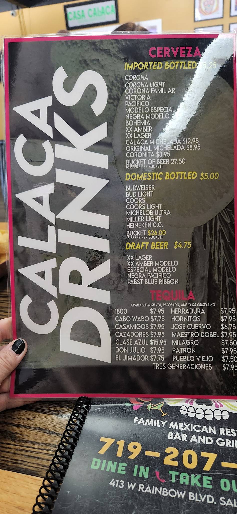 Menu at Casa Calaca restaurant, Salida