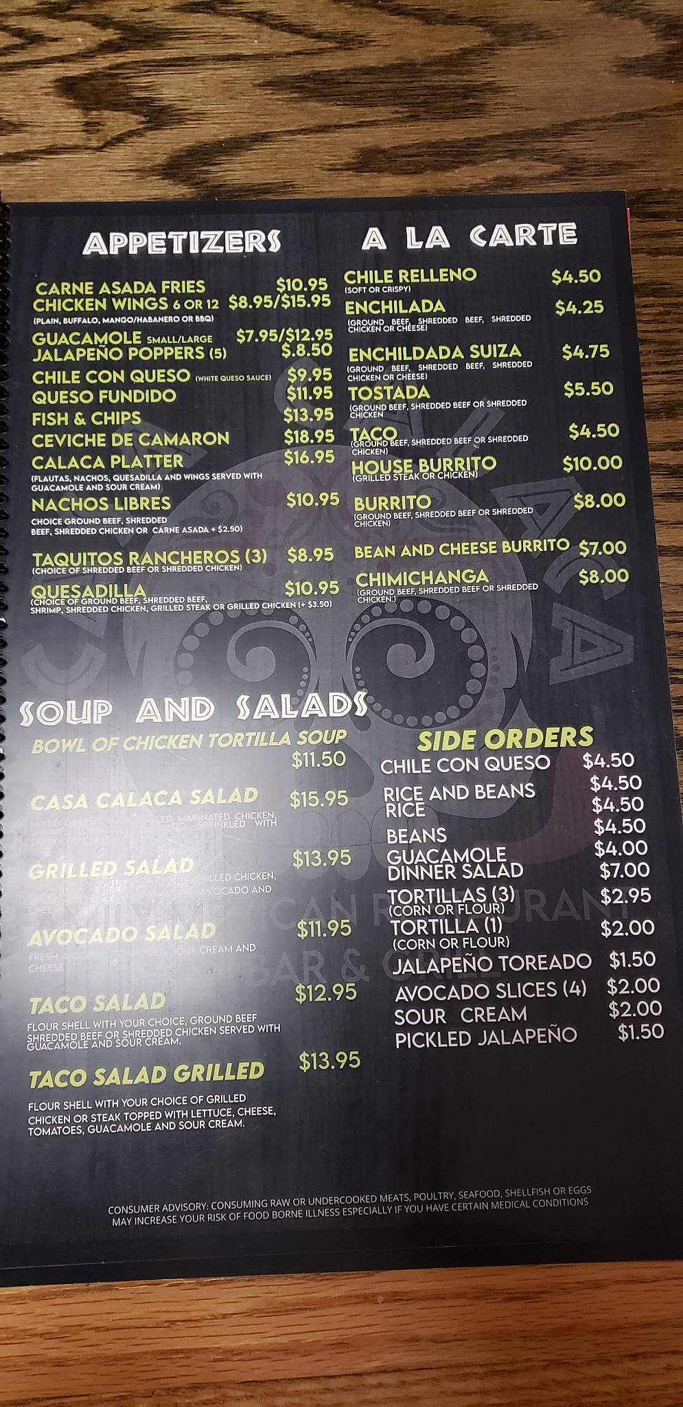 Menu at Casa Calaca restaurant, Salida