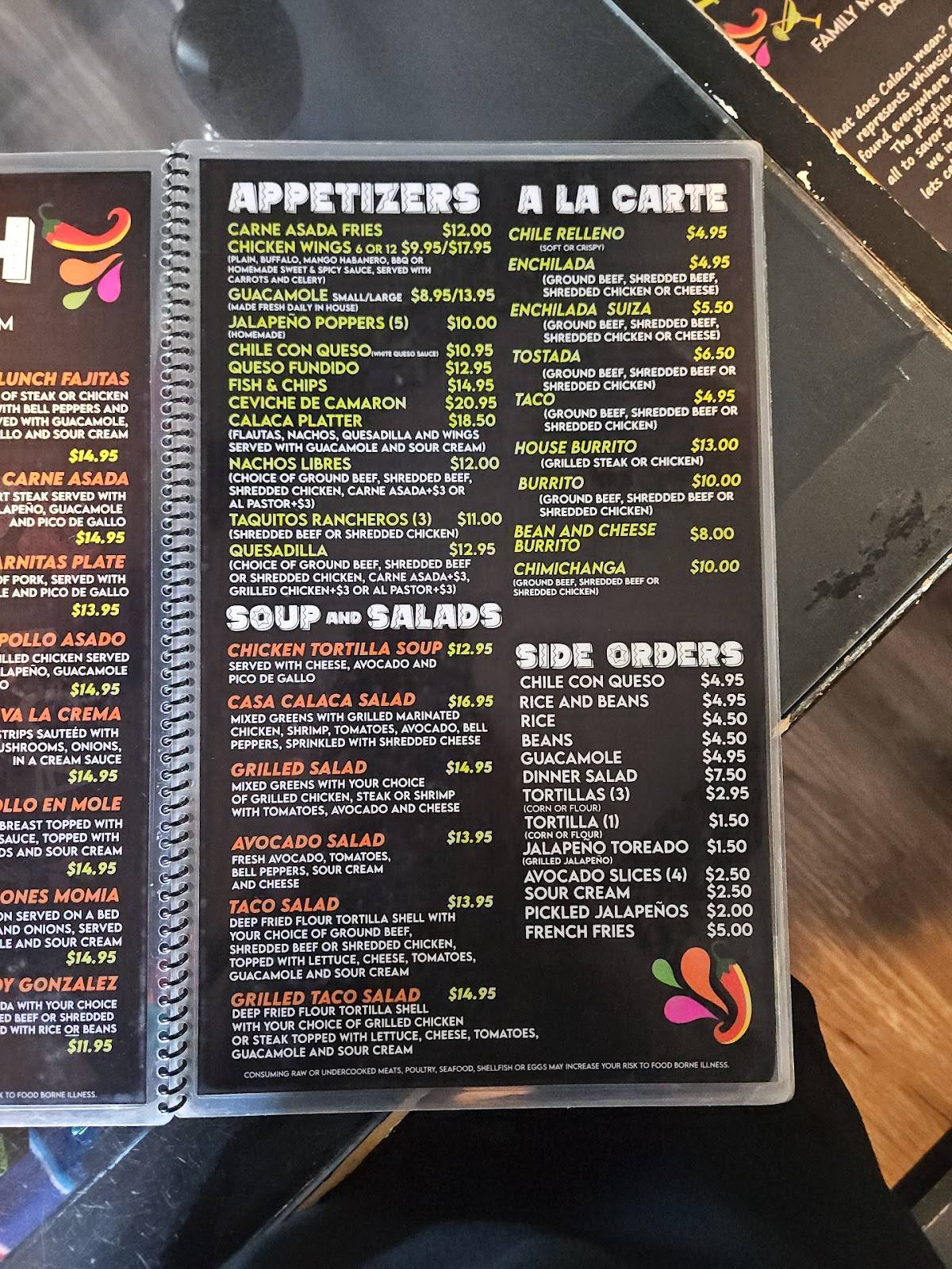 Menu at Casa Calaca restaurant, Salida