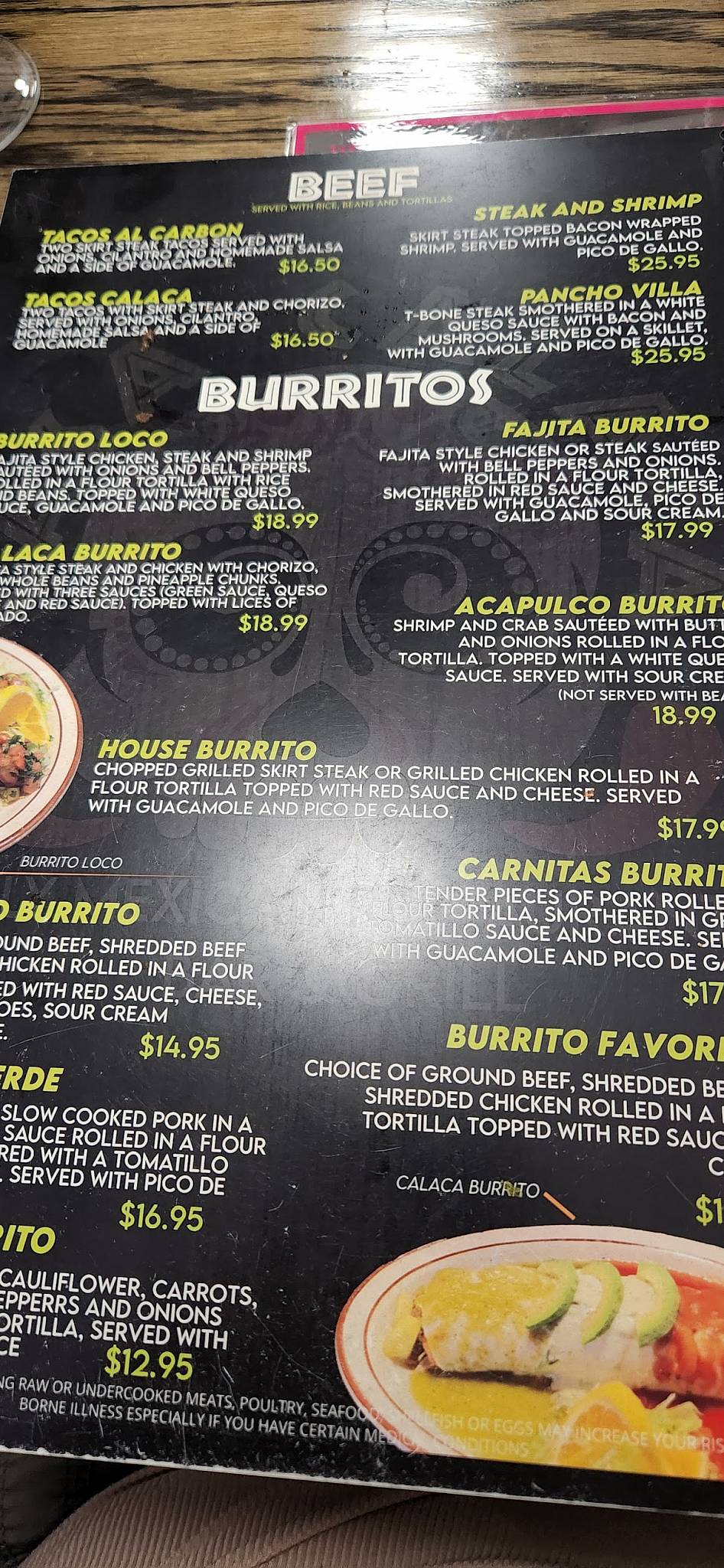 Menu at Casa Calaca restaurant, Salida