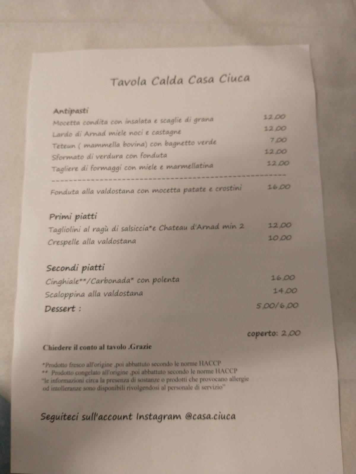 Speisekarte von Casa Ciuca restaurant, Bard