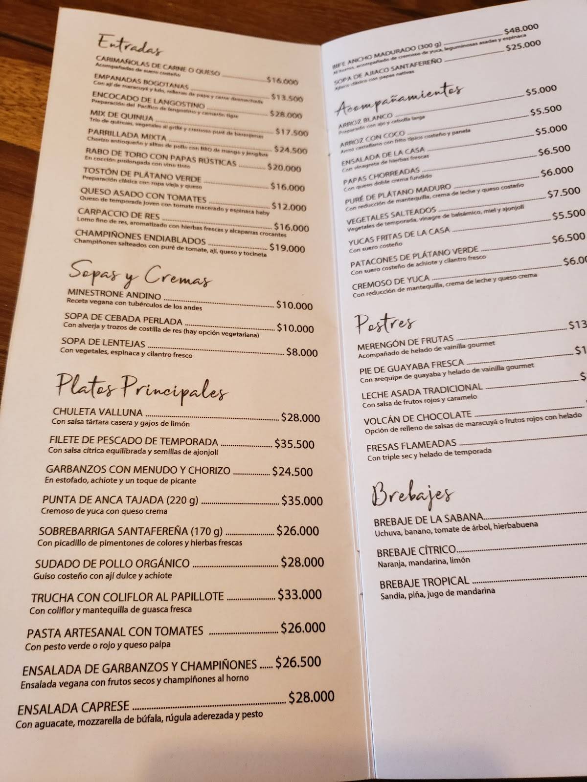 Carta del restaurante Casa Kanú, Bogotá