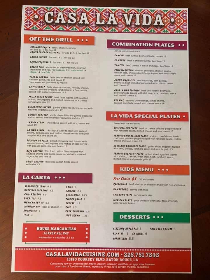 Menu at Casa La Vida restaurant, Baton Rouge