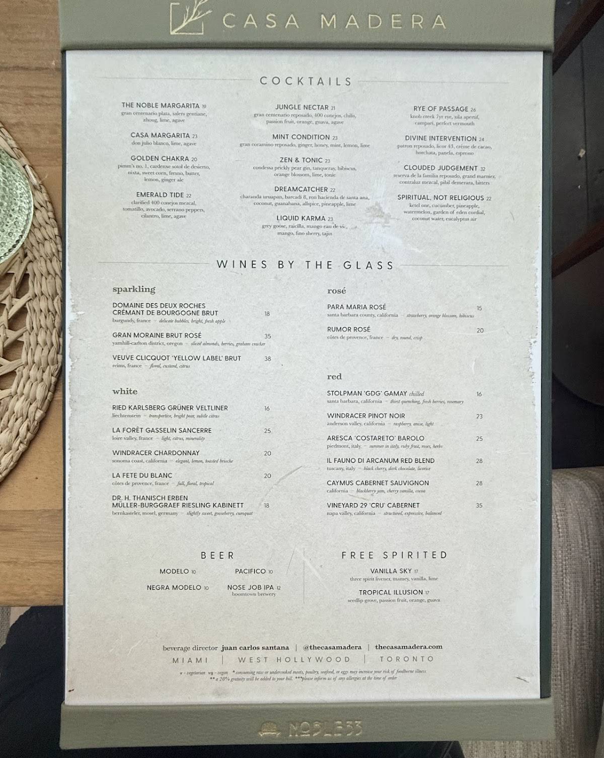 Menu at Casa Madera West Hollywood restaurant, West Hollywood