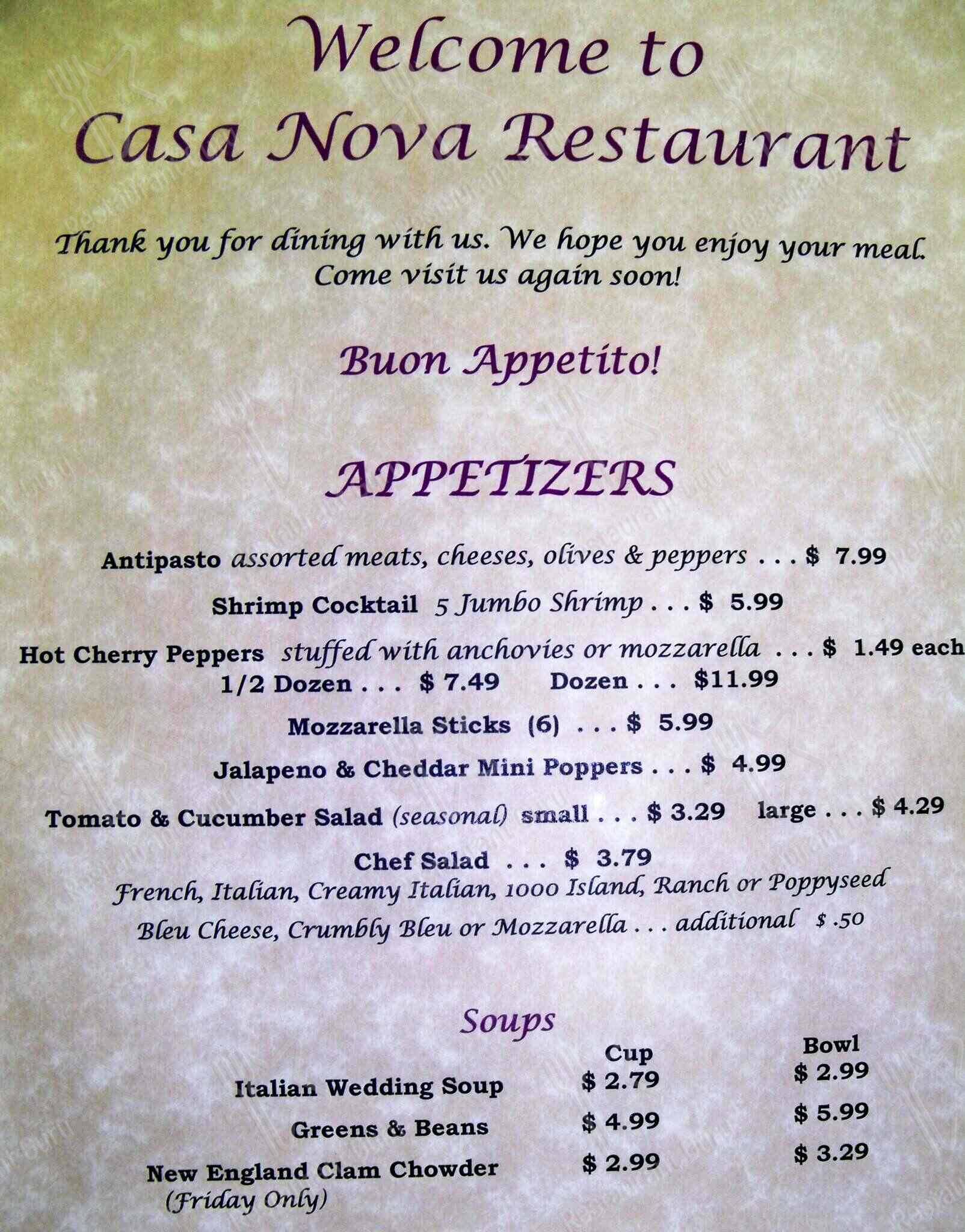 Menu at Casa Nova Restaurant, Niagara Falls