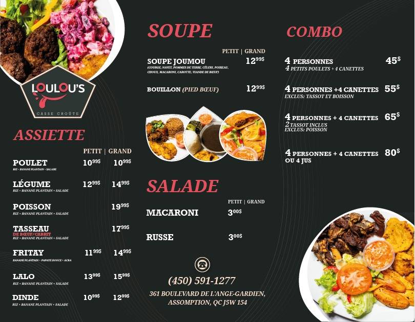 Menu au Loulou Casse Croûte restaurant, L'Assomption