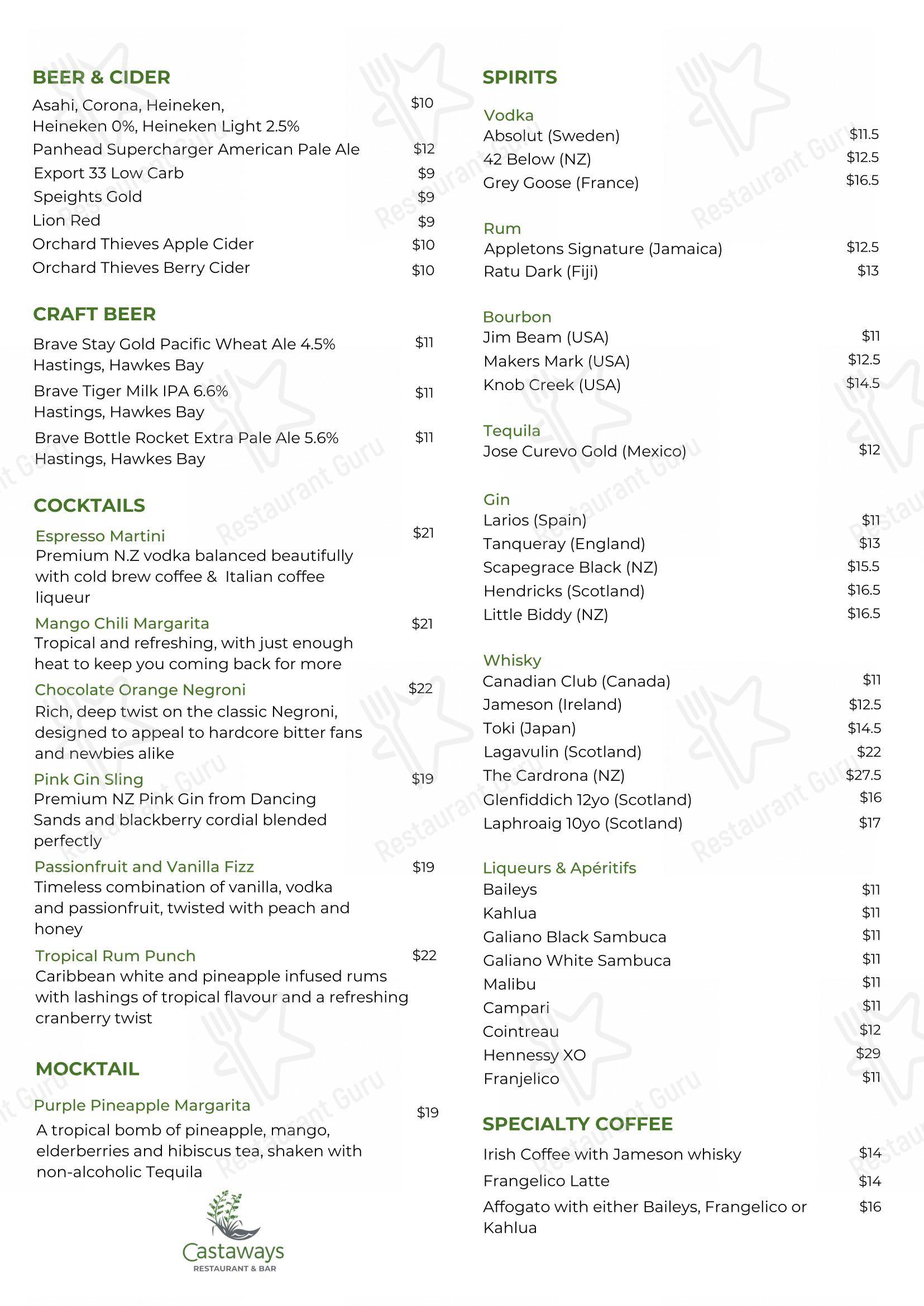 Menu at Castaways Restaurant & Bar, Waiuku, 685 Karioitahi Rd