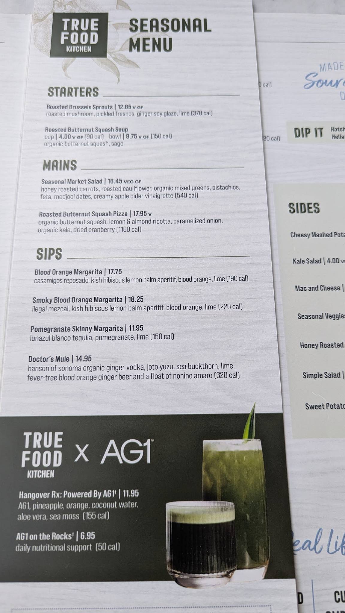 Menu at True Food Kitchen restaurant, Tucson