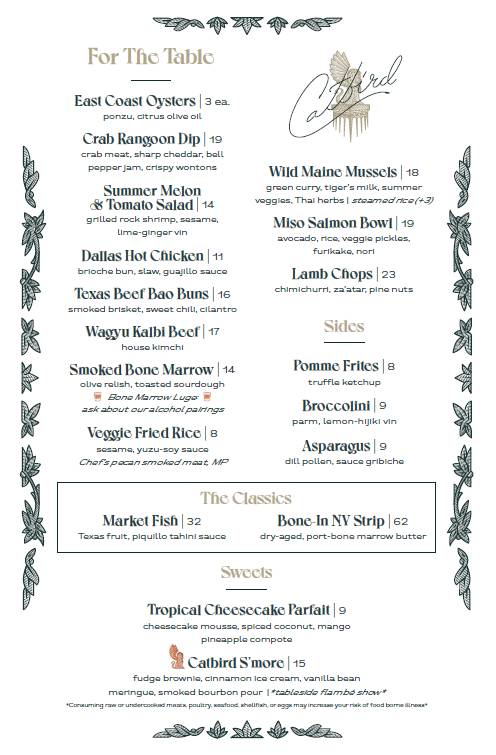 Menu at Catbird restaurant, Dallas