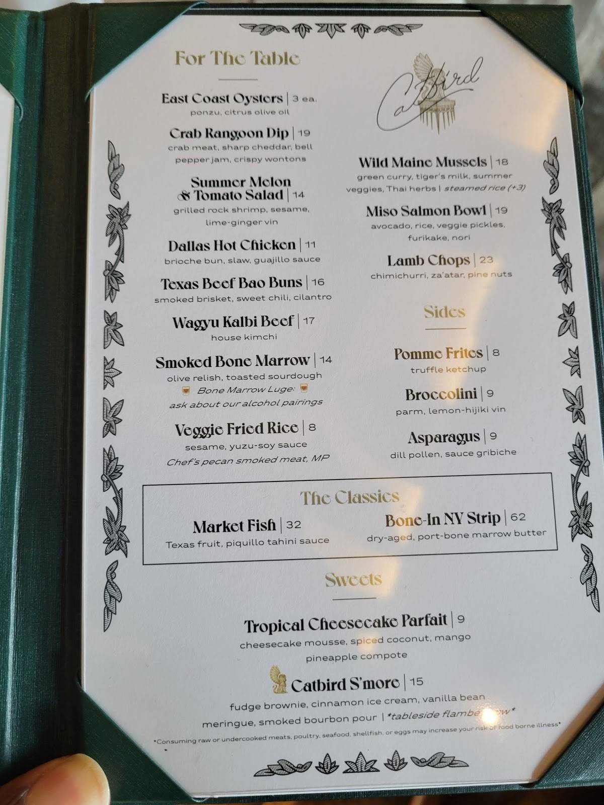 Menu at Catbird restaurant, Dallas