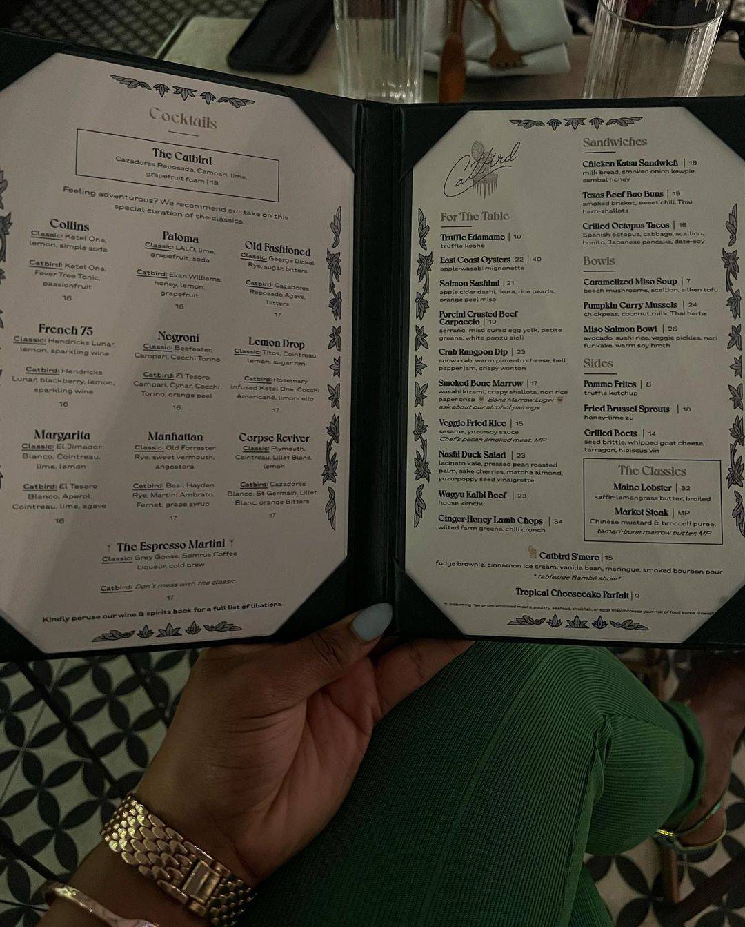 Menu at Catbird restaurant, Dallas