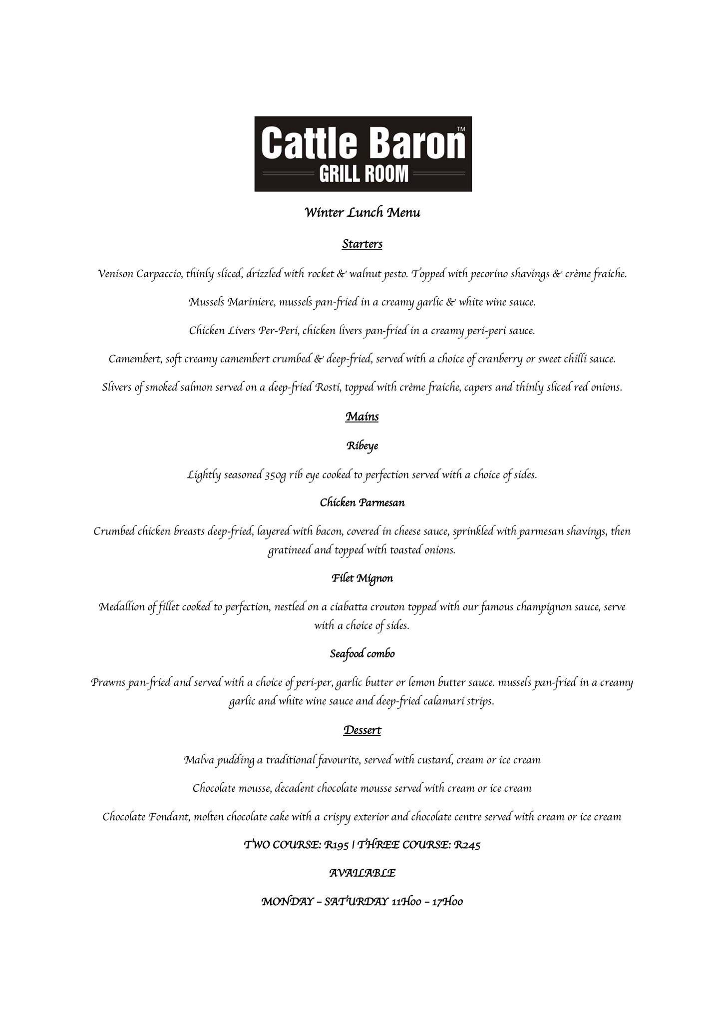 Menu at Cattle Baron Saxenburg Wine Farm, Cape Town