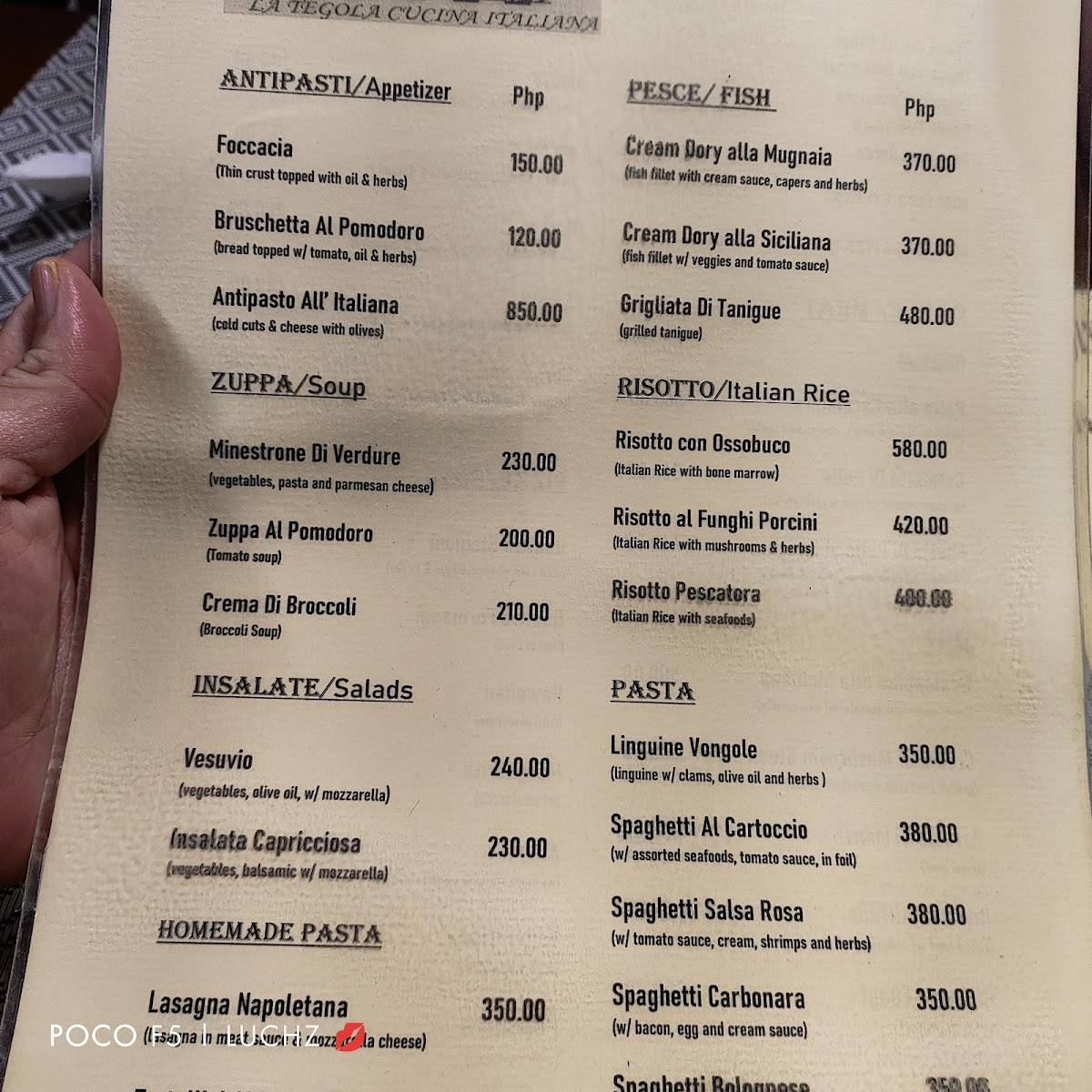 Menu at La Tegola restaurant, Cebu City, ayala center cebu