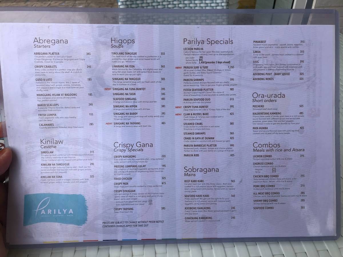 Menu at Parilya restaurant, Cebu City, City di Mare Visitor Center