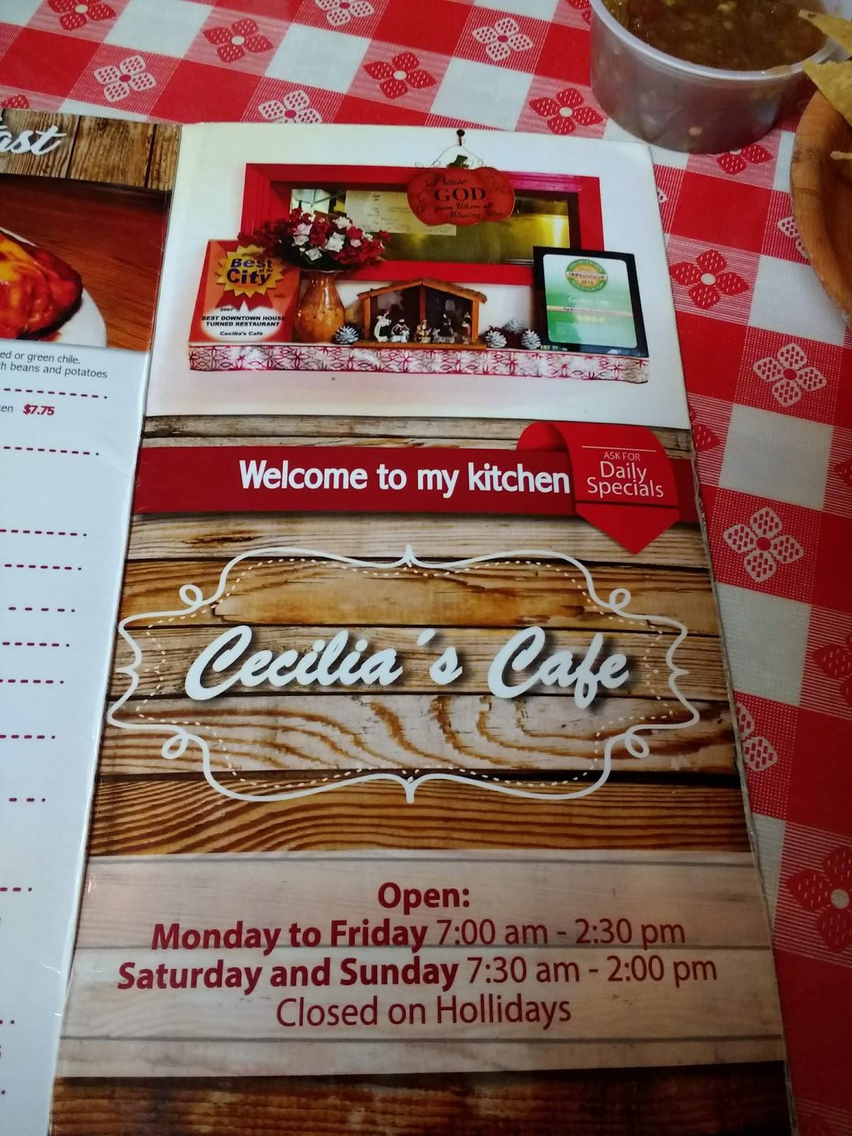 Menu at Cecilia's Cafe, Albuquerque, 230 6th St SW