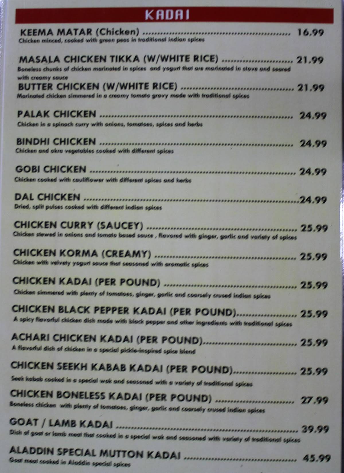 Carta de Aladdin Indian & Pakistani Restaurant (Halal), Centereach