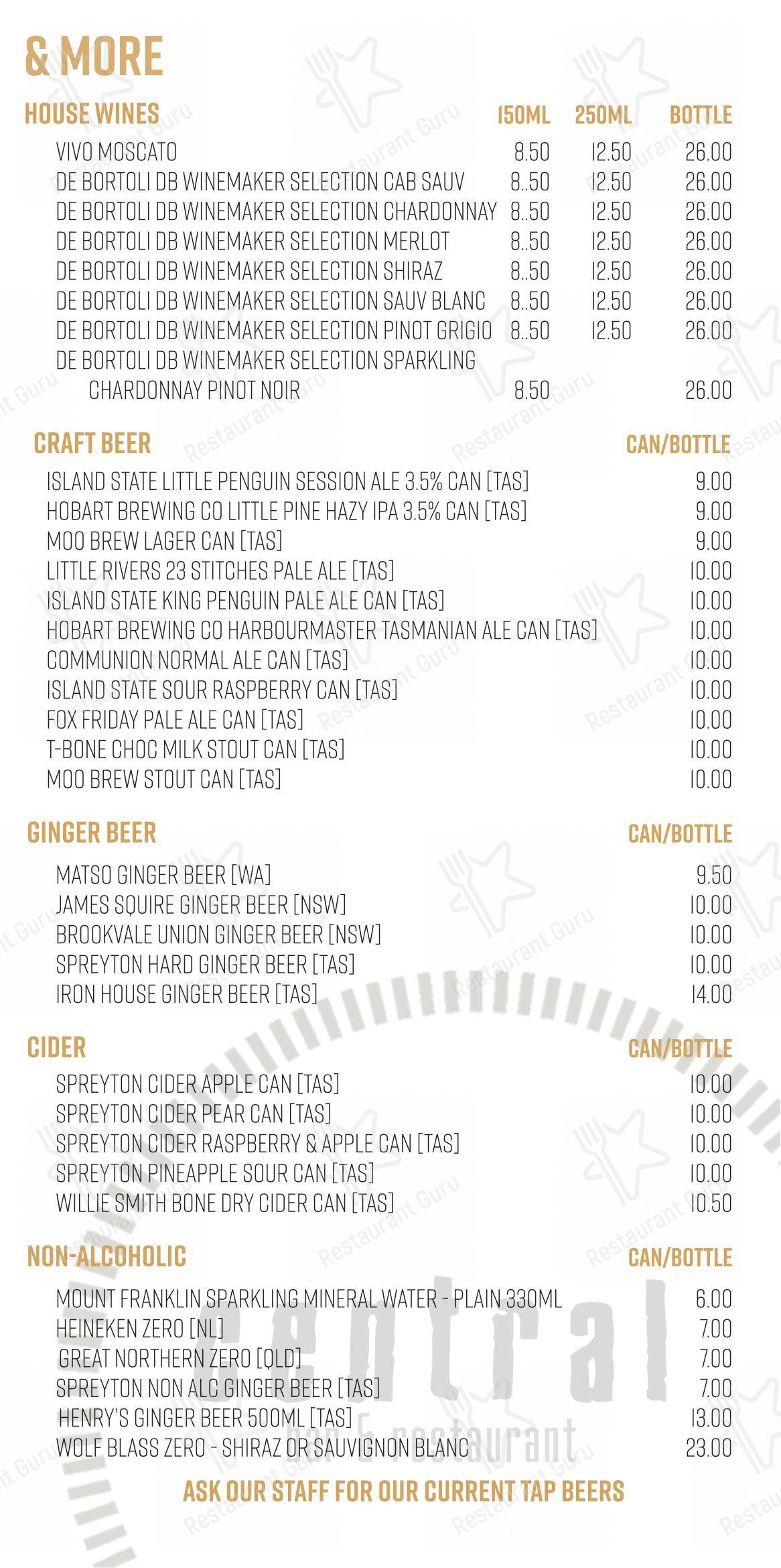 Menu at Central Bar & Restaurant, Devonport