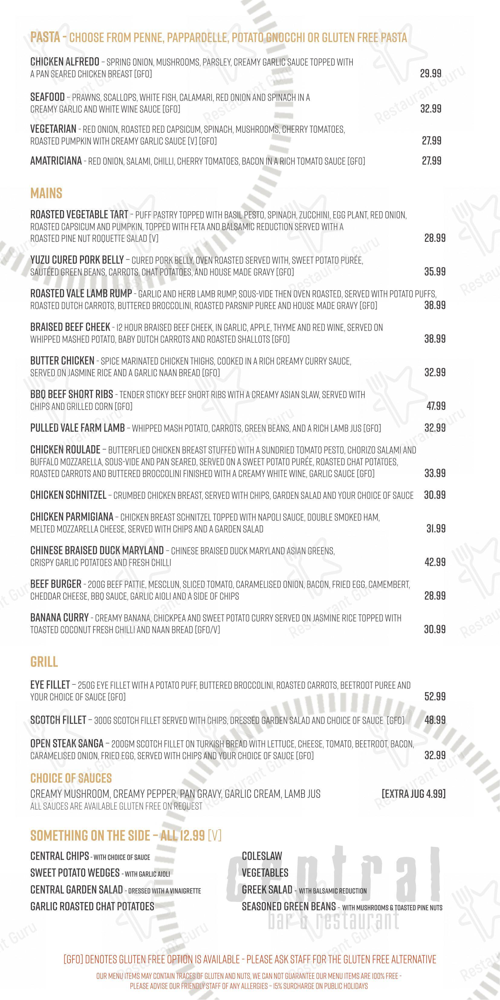 Menu at Central Bar & Restaurant, Devonport