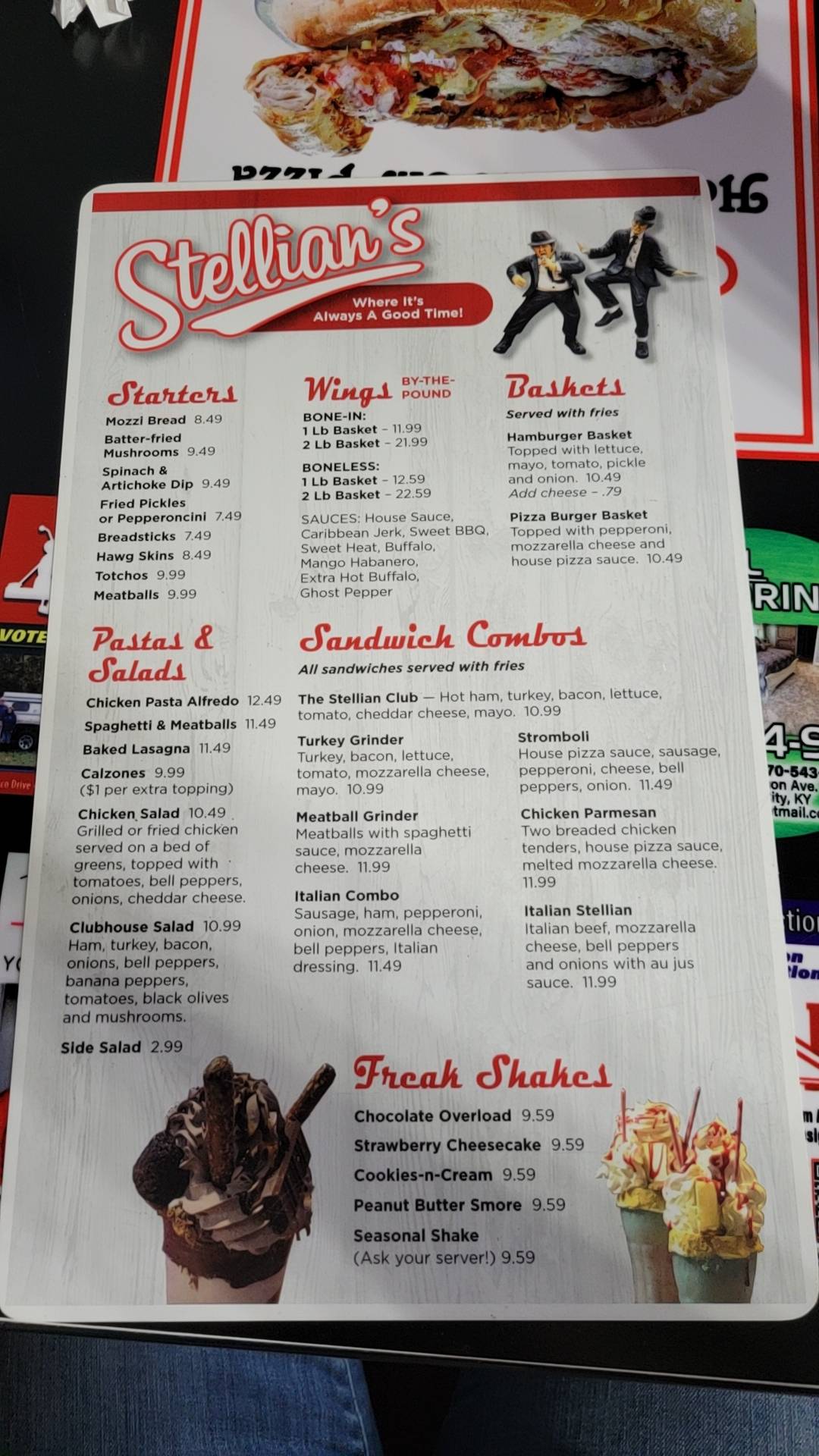 Menu at Stellian's restaurant, Central City