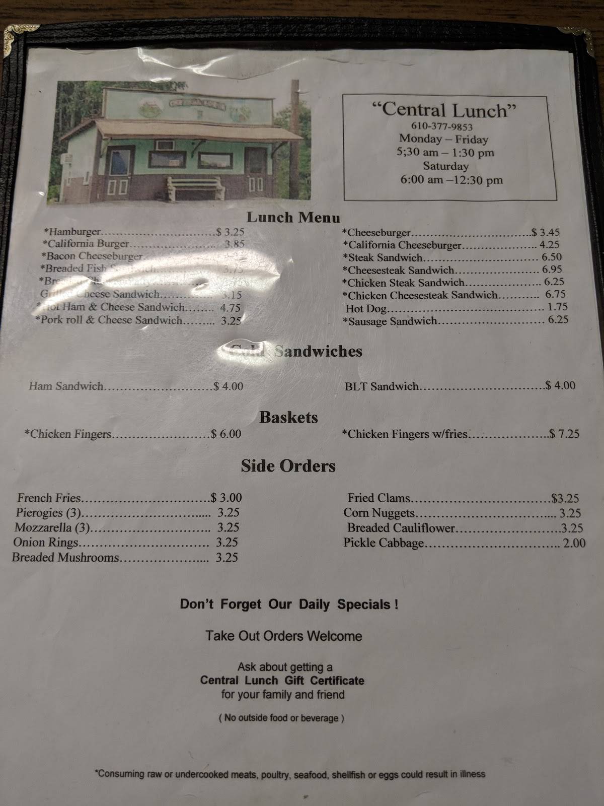 Menu at Central Lunch restaurant, Weissport