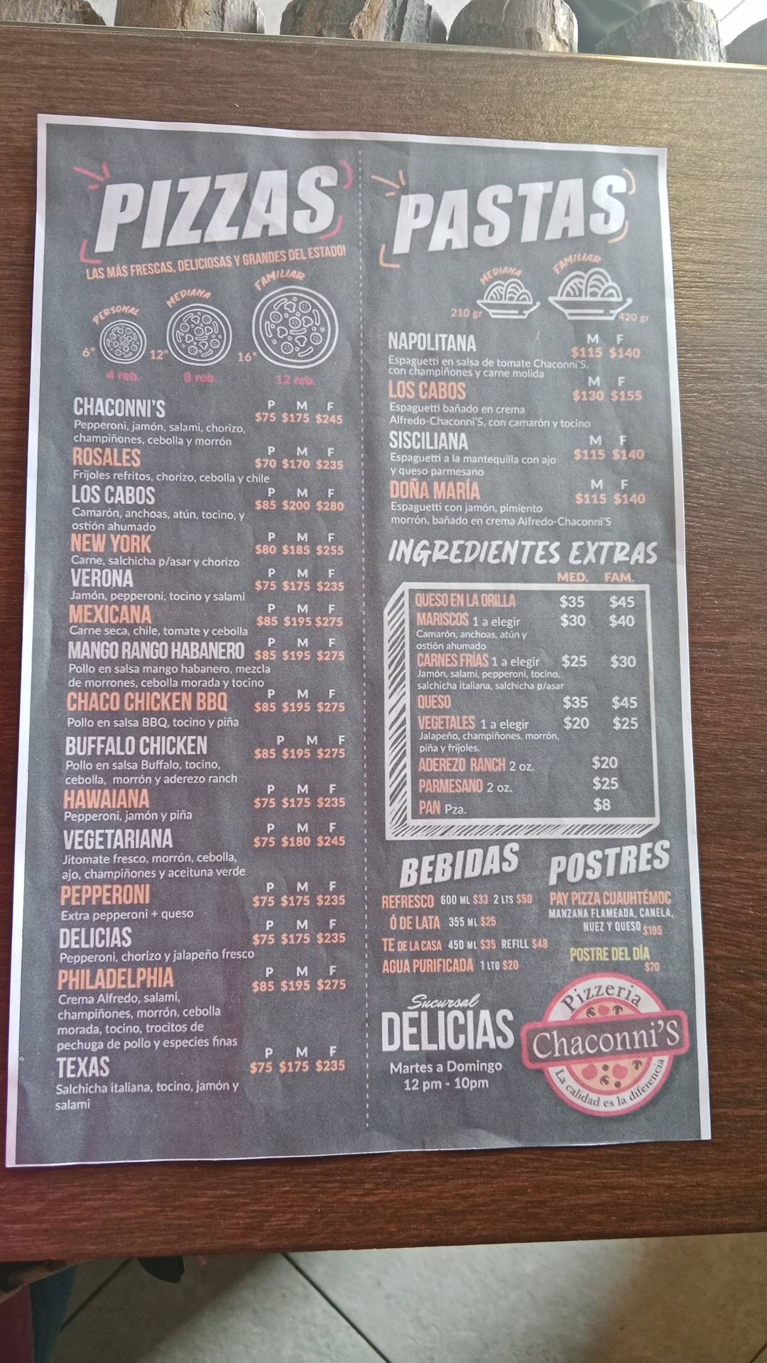 Menu at Chaconni's Pizzería, Delicias
