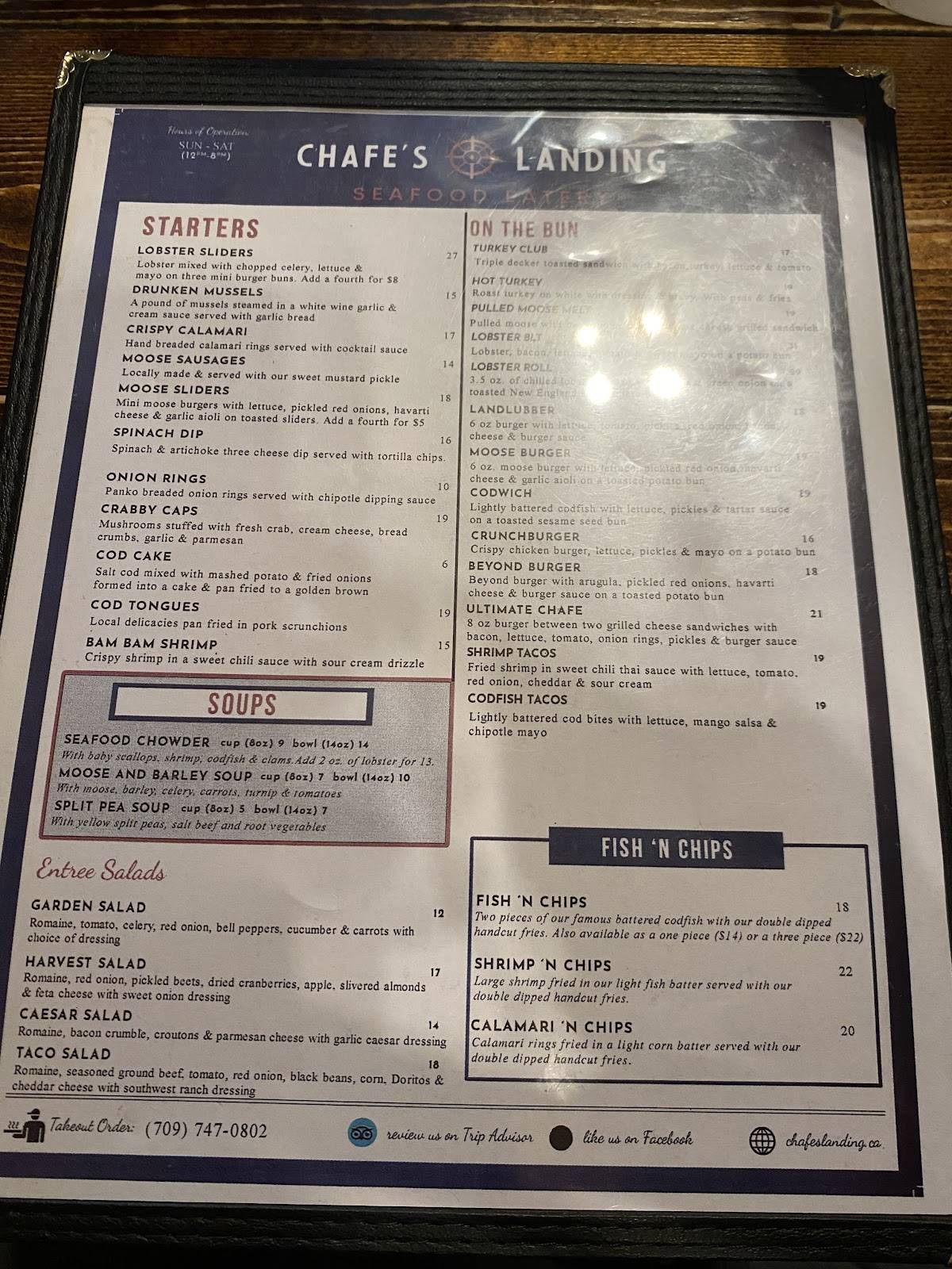 Menu at Chafe's Landing Restaurant, Petty Harbour-Maddox Cove