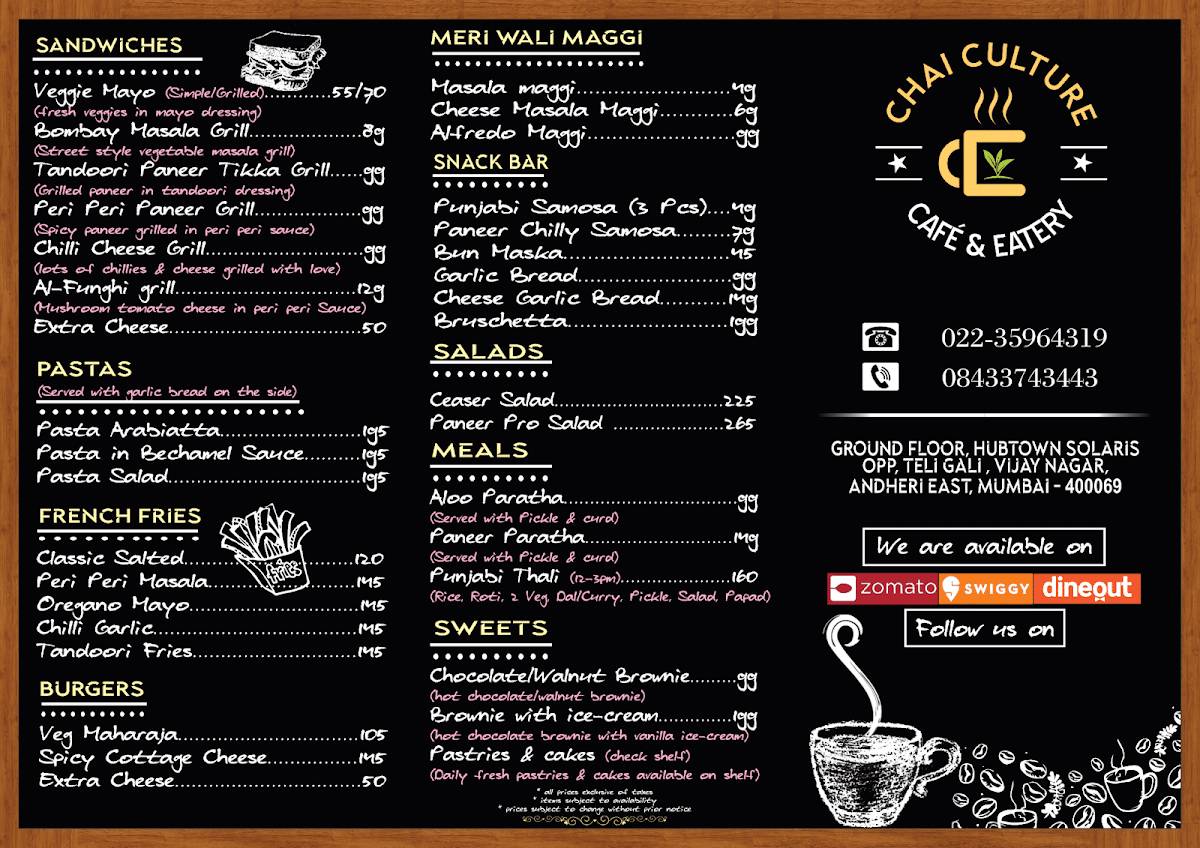 Menu at Chai Culture Cafe & Eatery, Mumbai, Gr flr