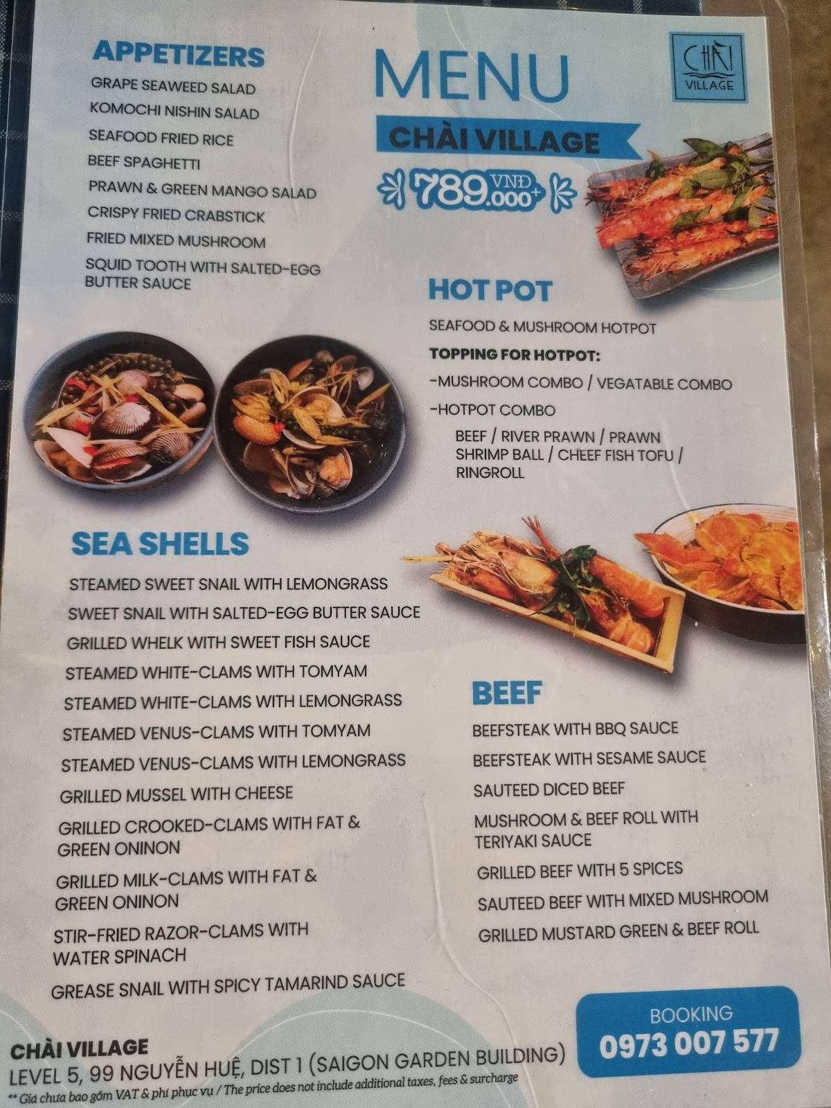 Menu at Chài Village restaurant, Ho Chi Minh City, tòa nhà Saigon Garden