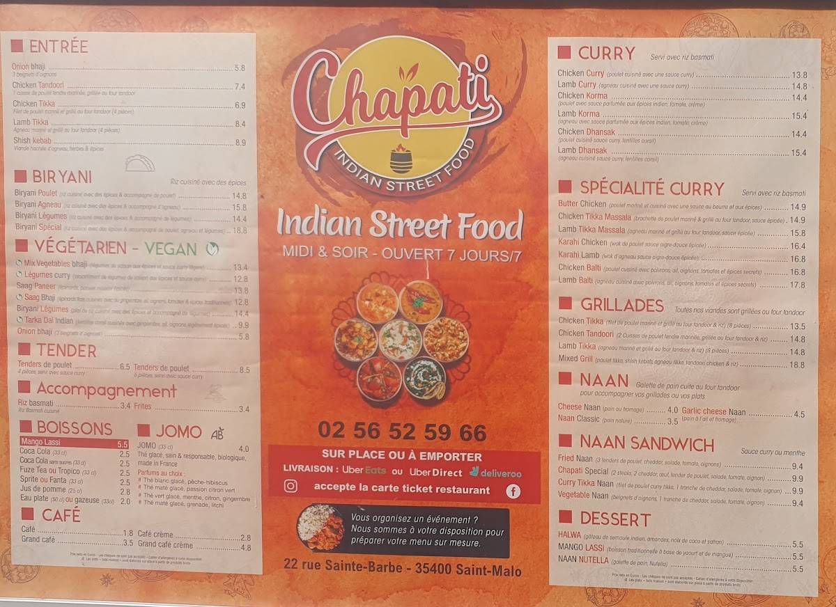 Menu au Chapati Indian Street Food restaurant, Saint-Malo