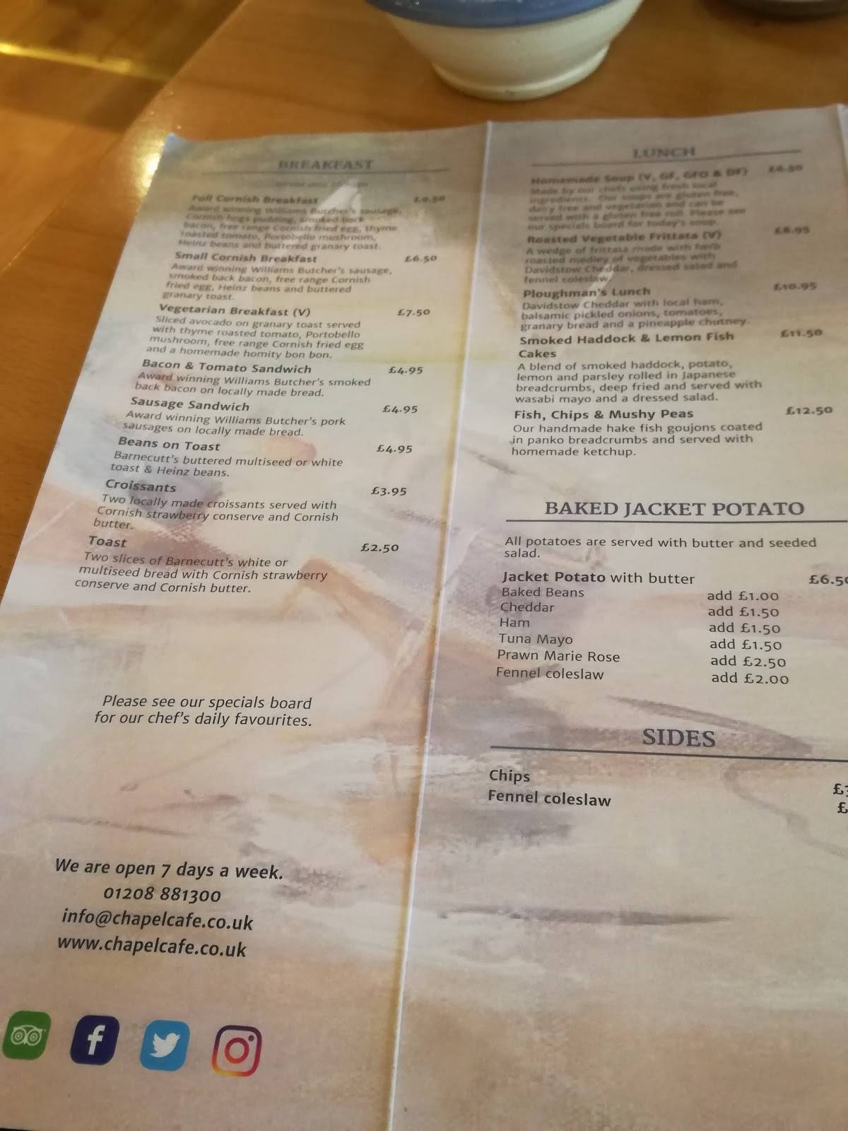 Menu at The Chapel cafe, Port Isaac