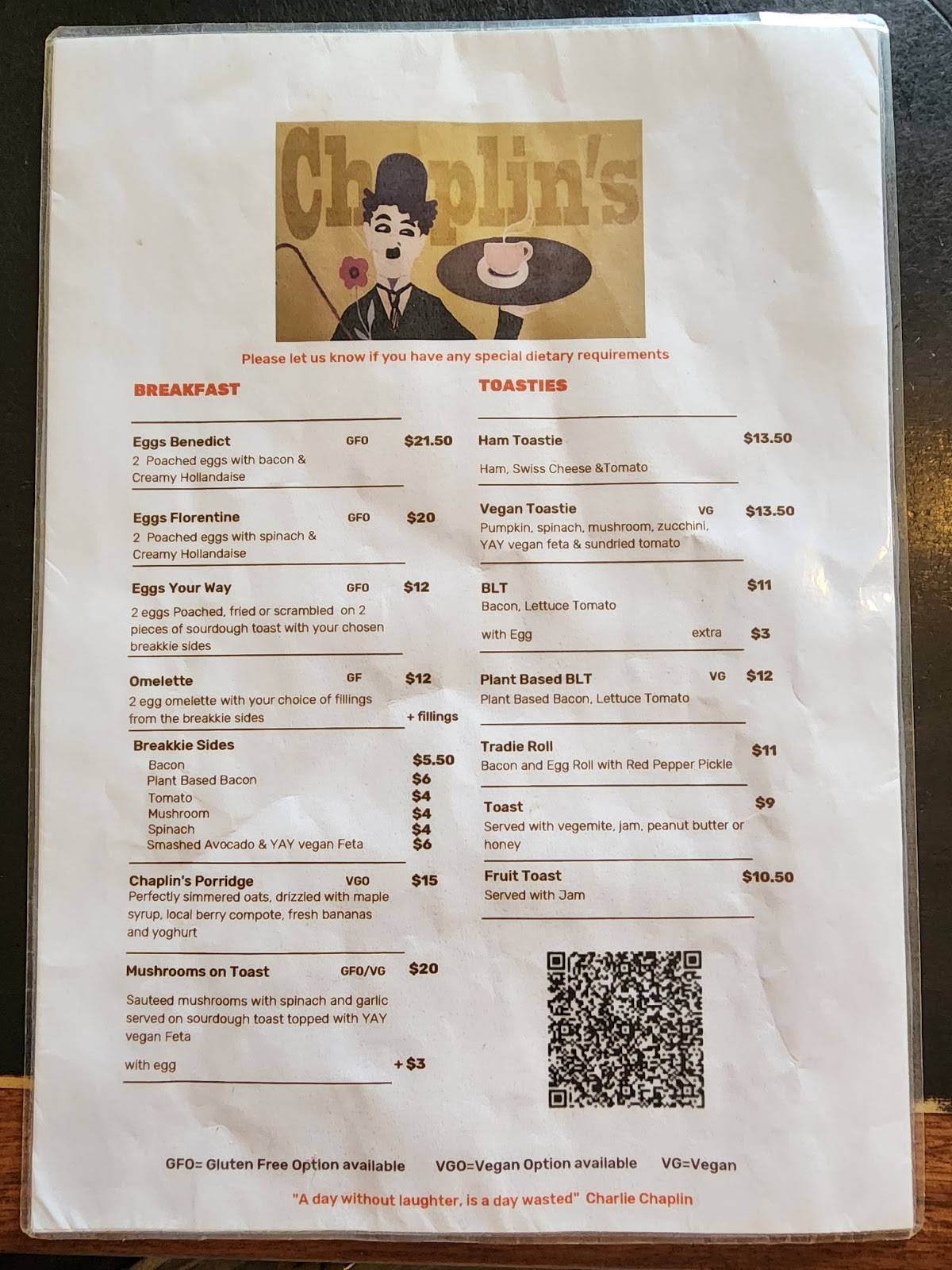 Menu at Chaplin's Barista Bar & Nosh, Trentham