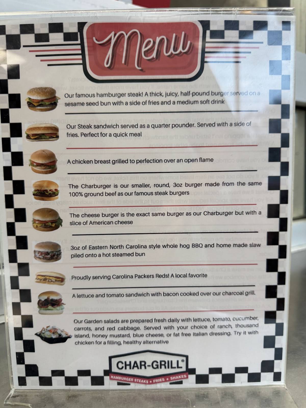 Menu at Char-Grill restaurant, Raleigh, Strickland Rd
