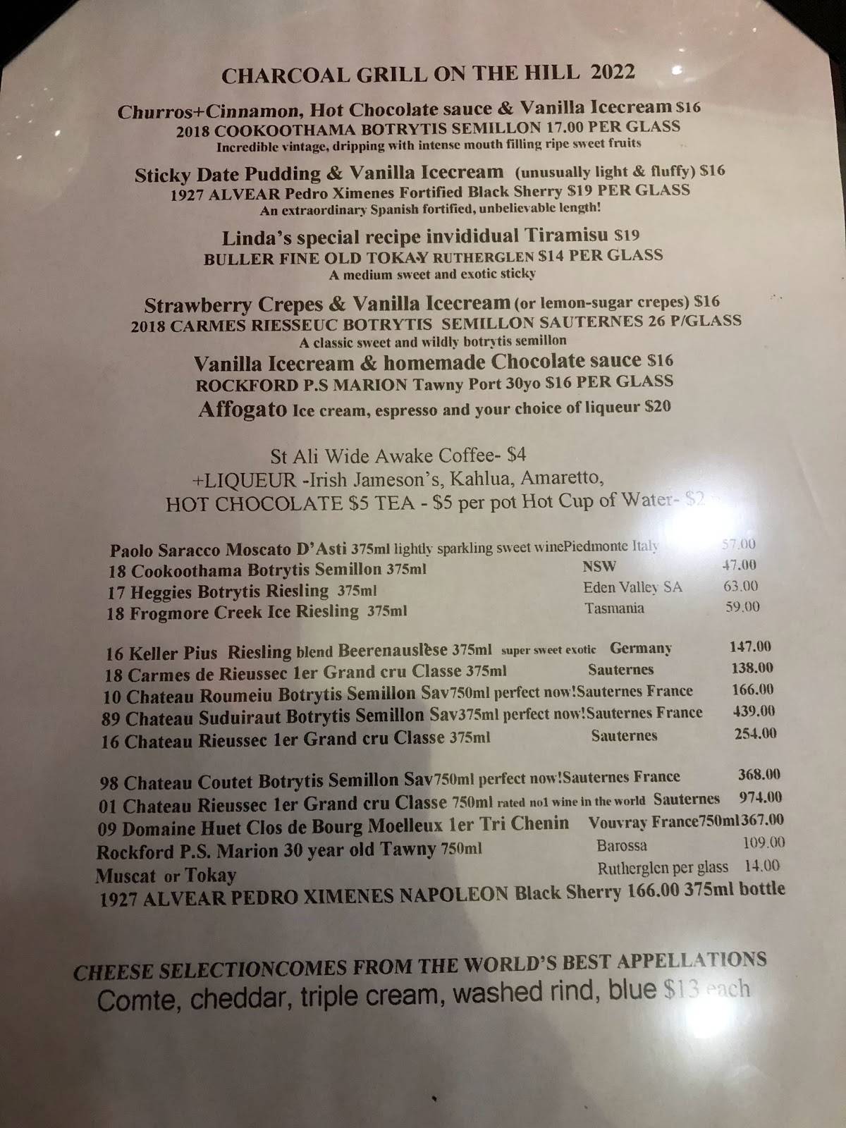Menu at Charcoal Grill on The Hill steakhouse, Kew