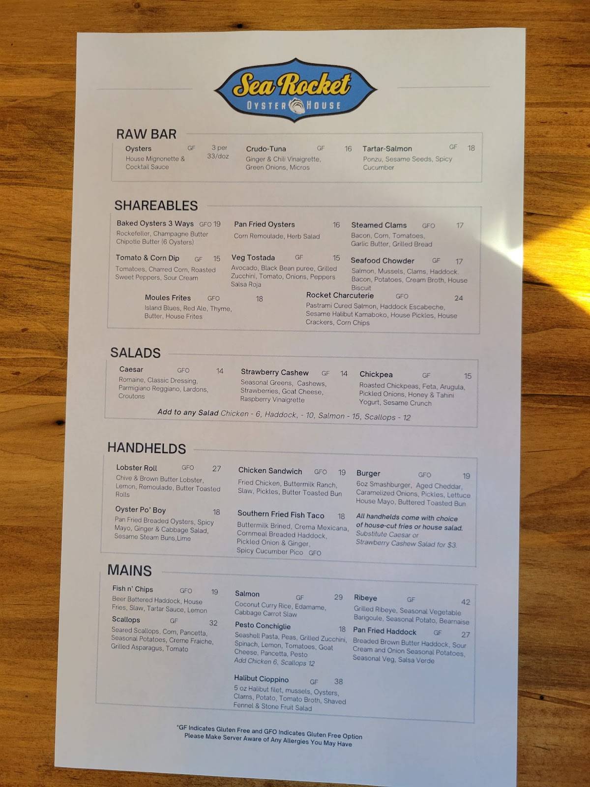 Menu at Sea Rocket Oyster House pub & bar, Charlottetown