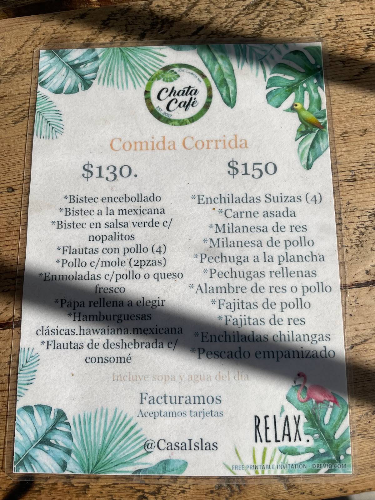 Carta de Chata café, Cabo San Lucas