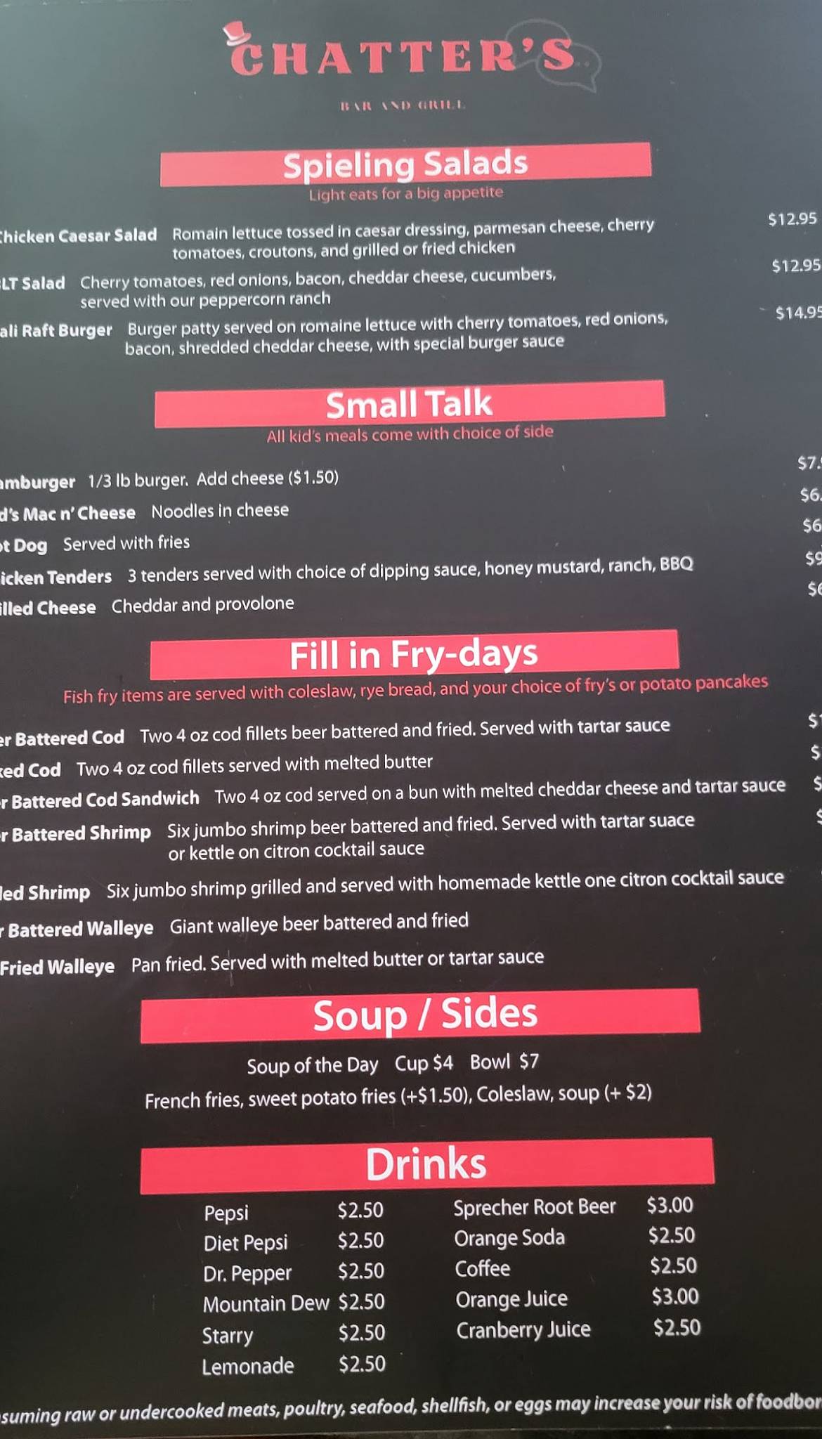 Menu at Chatters Bar and Grill, Kewaskum