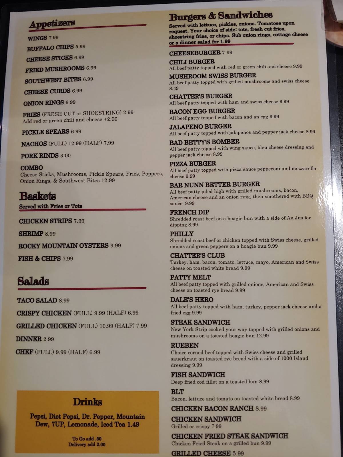 Menu at Chatters pub & bar, Bar Nunn