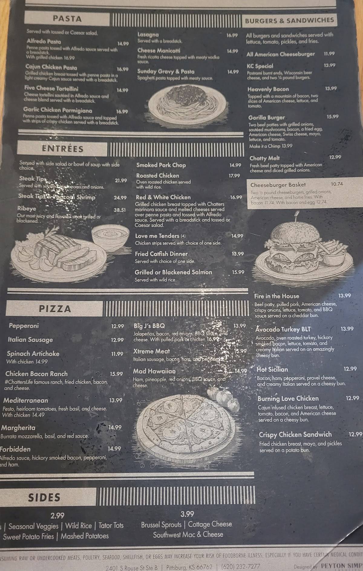 Menu at Chatters restaurant, Pittsburg
