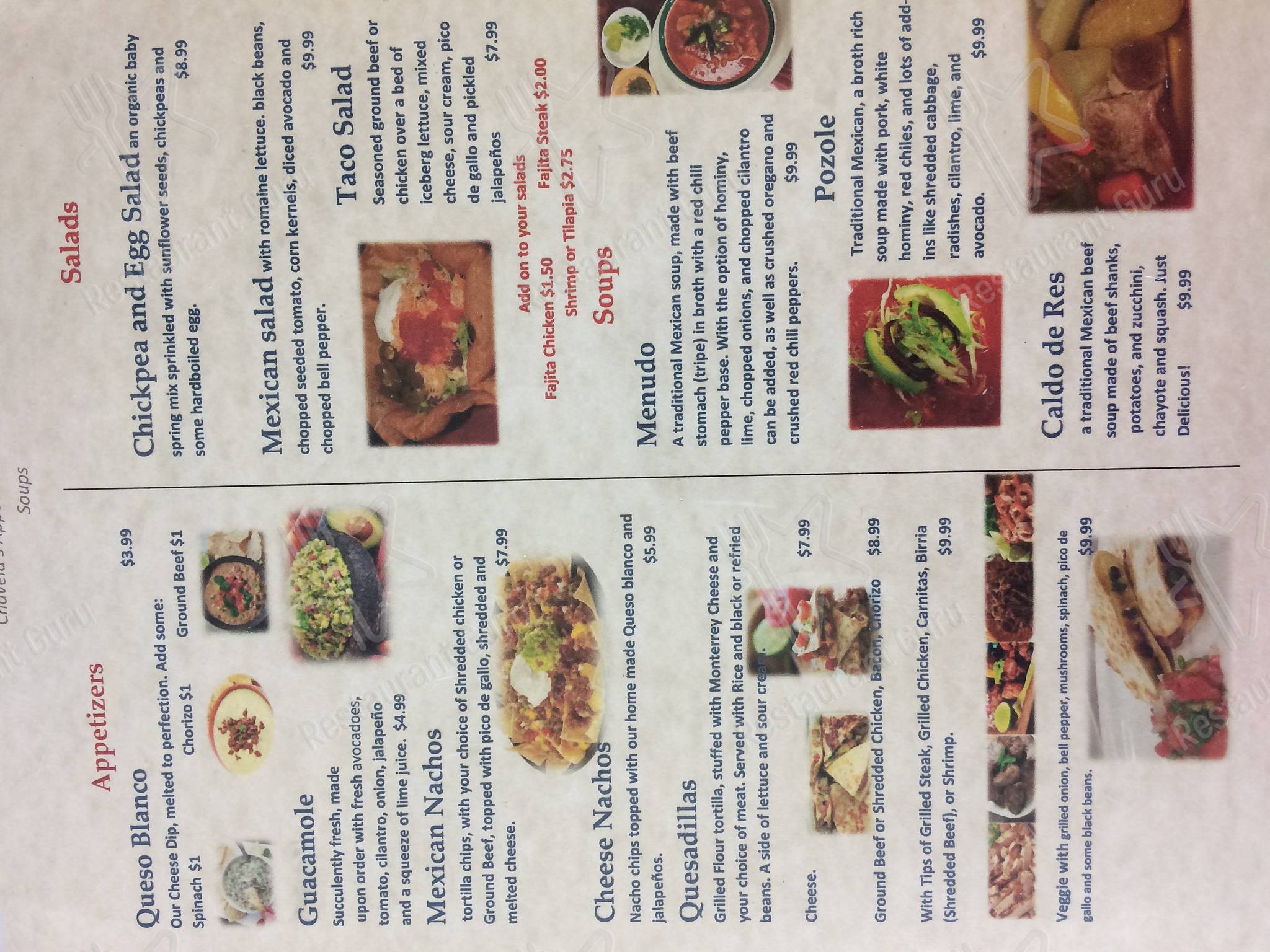 Menu at Chavela's Mexican Cuisine restaurant, Webb City