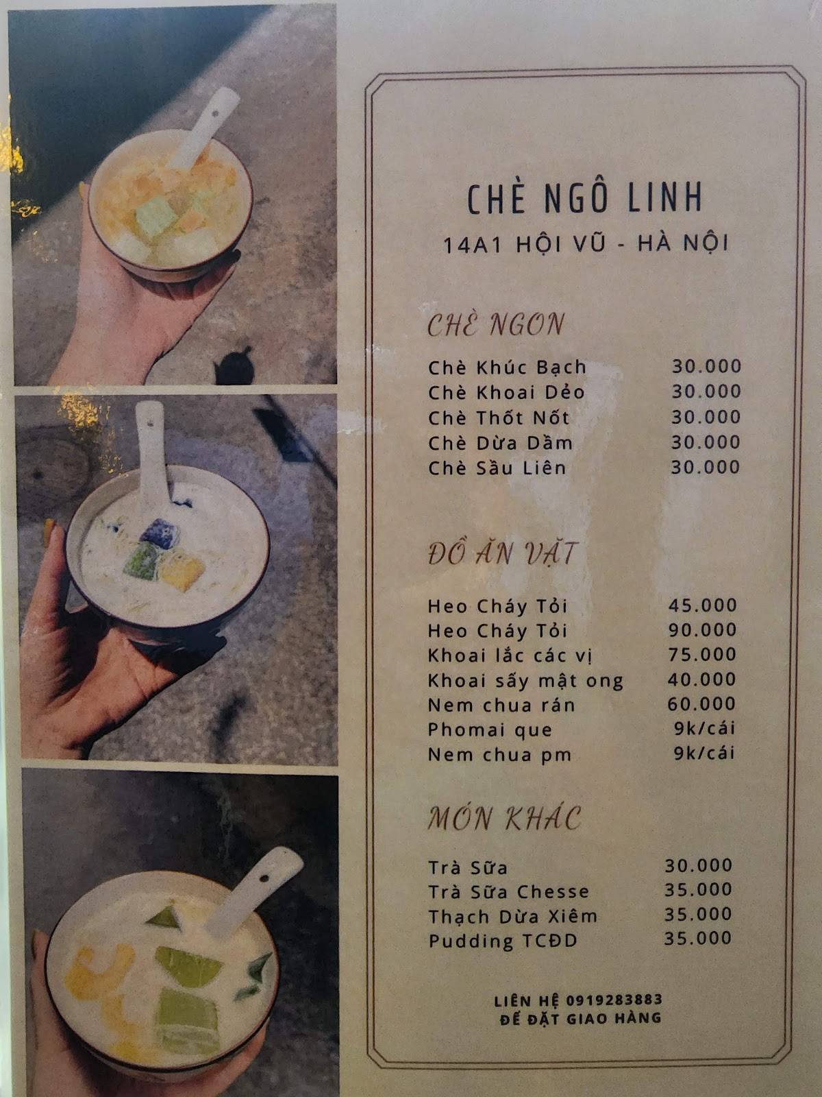 Menu at Chè Ngô Linh restaurant, Hanoi