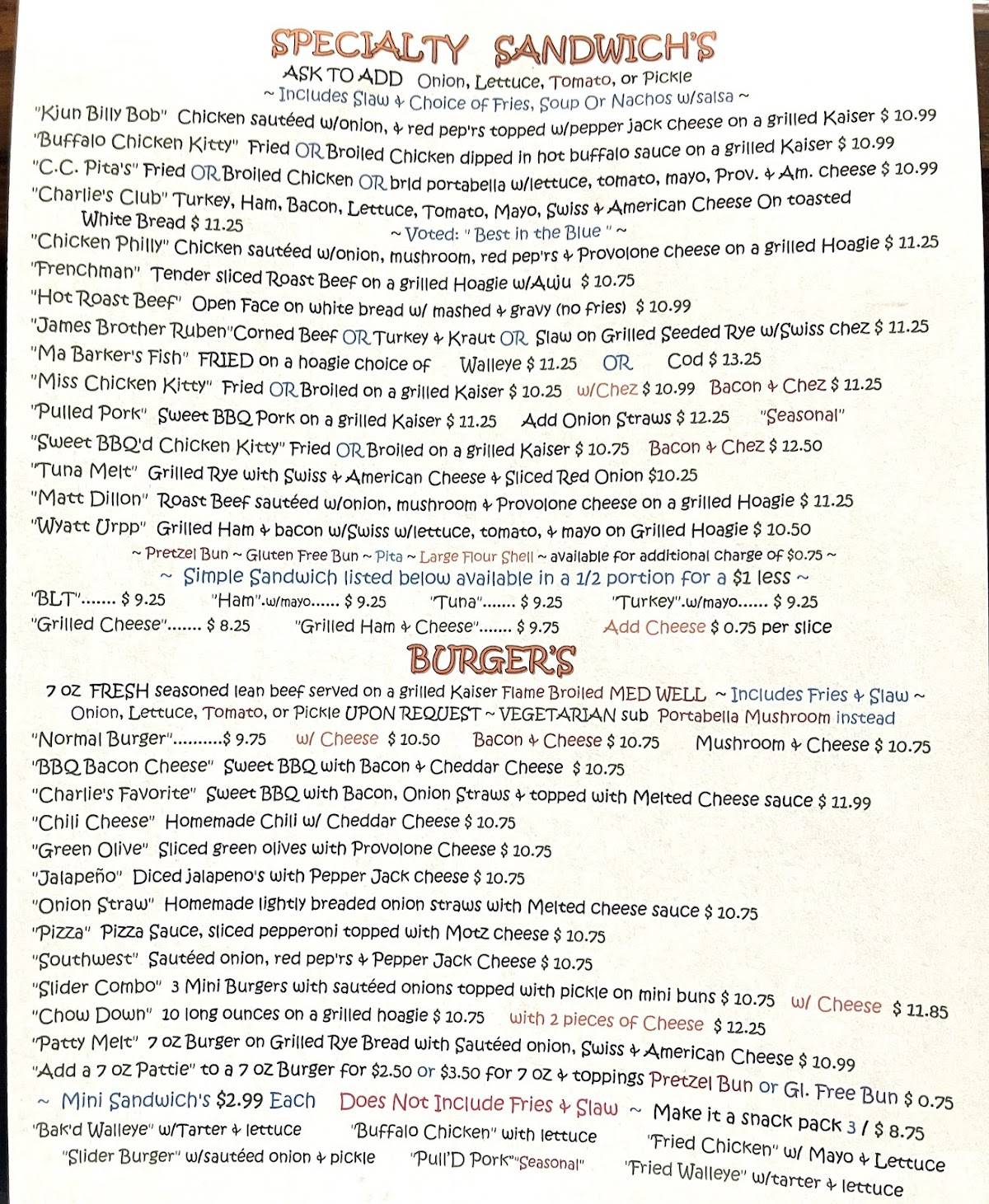 Menu at Cheap Charlie's steakhouse, Fort Gratiot Township