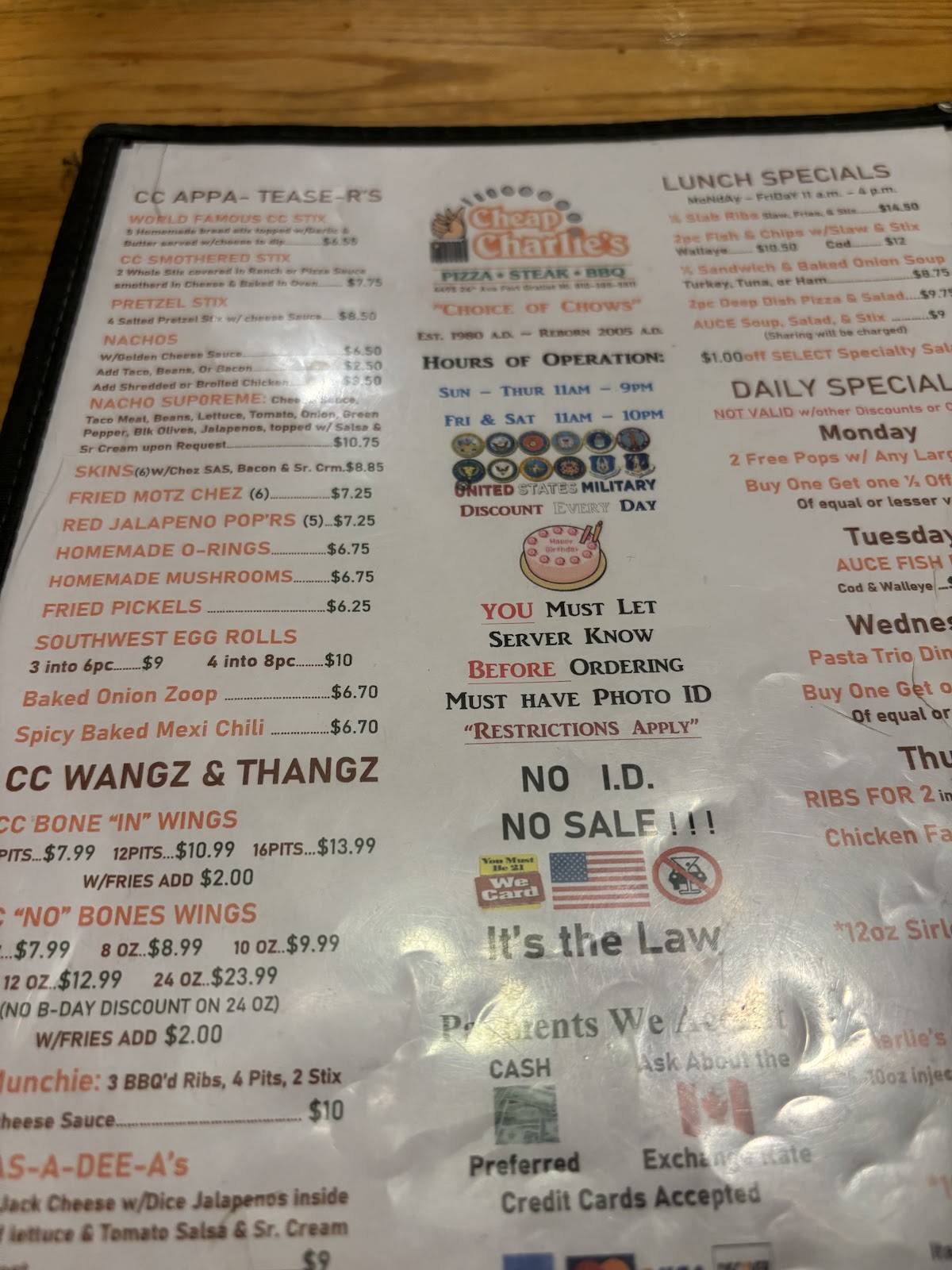 Menu at Cheap Charlie's steakhouse, Fort Gratiot Township