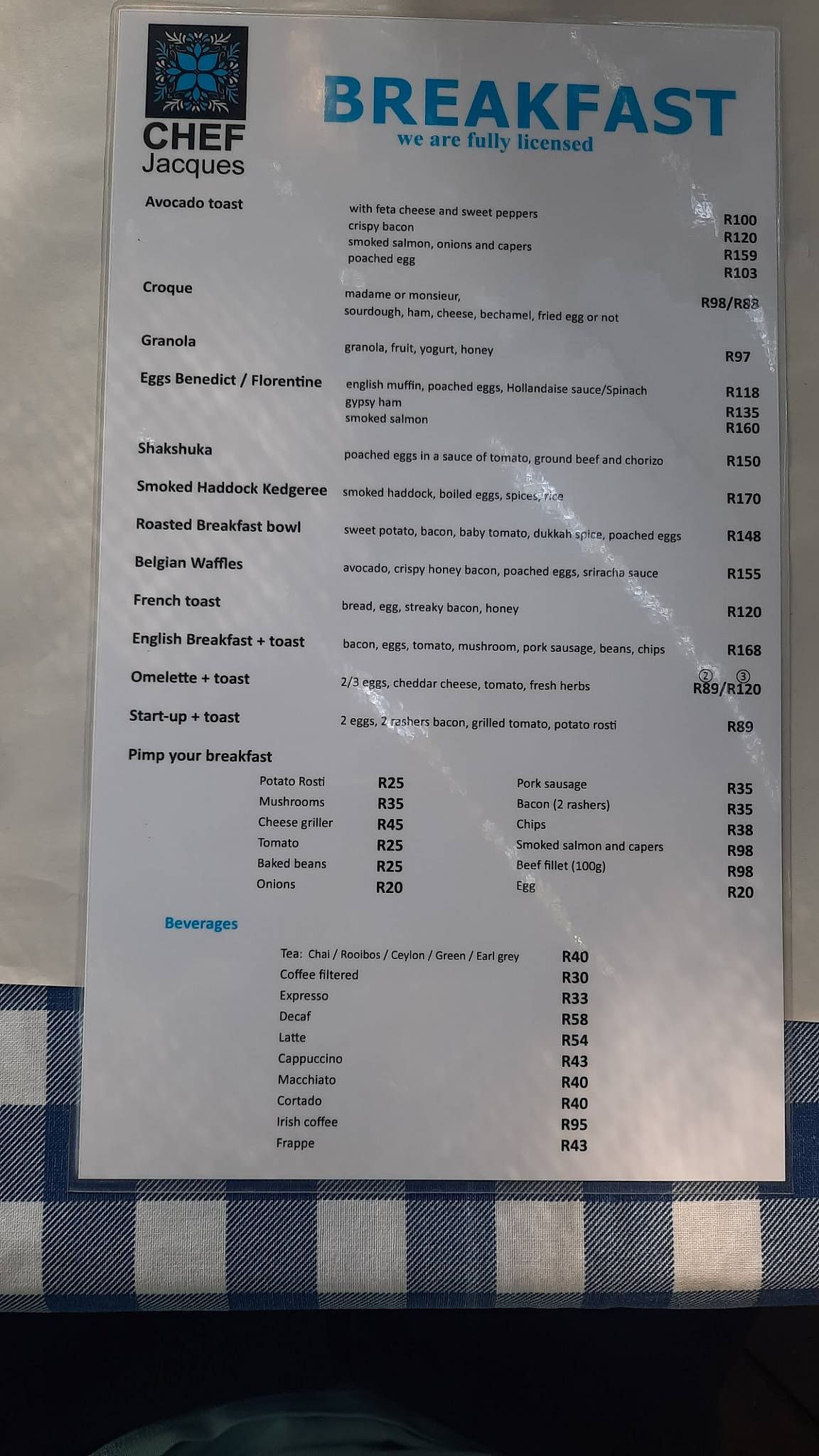 Menu at Chef Jacques restaurant, Roodepoort