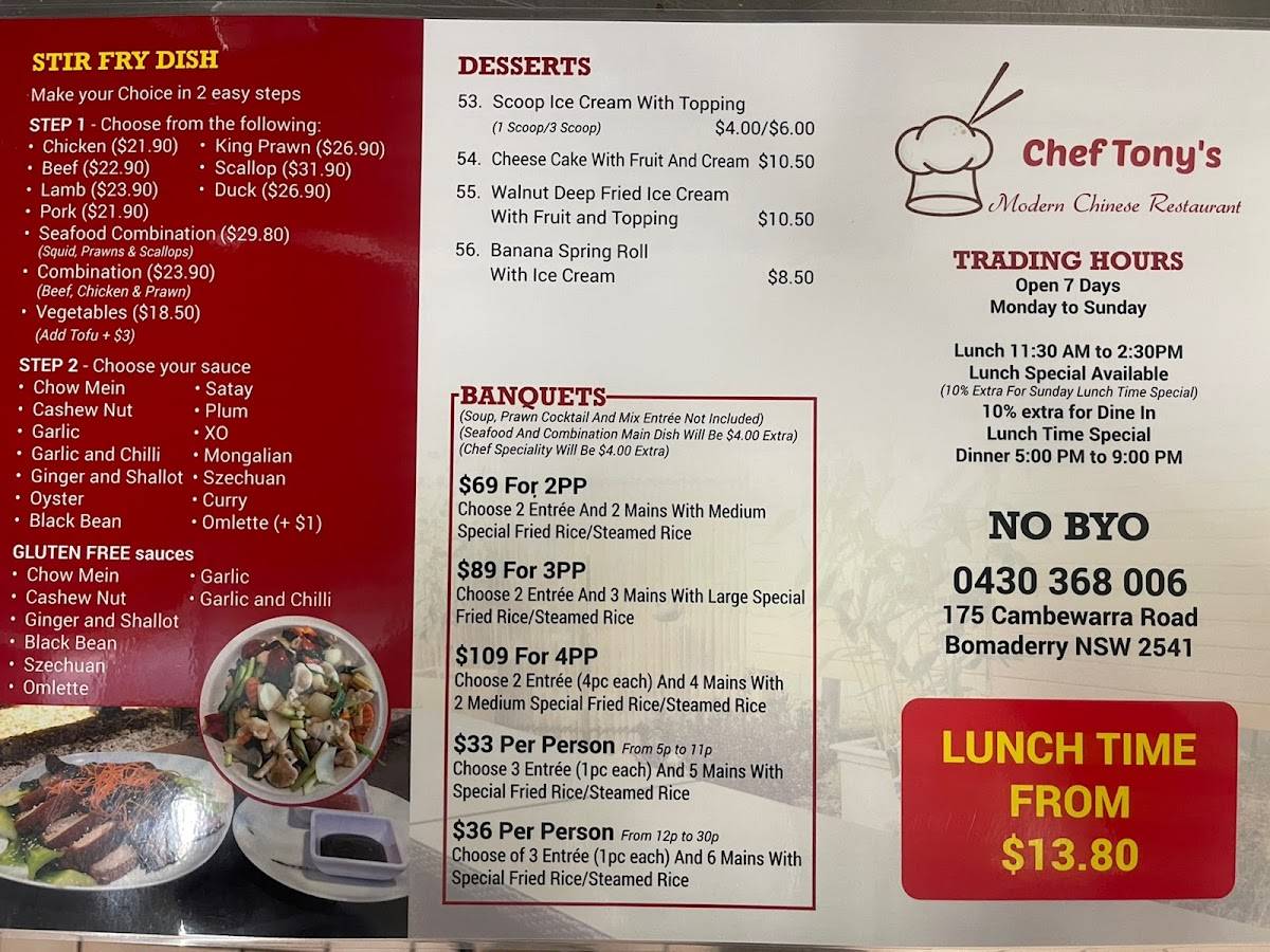 Menu at Chef Tony's Modern Chinese Restaurant, Bomaderry