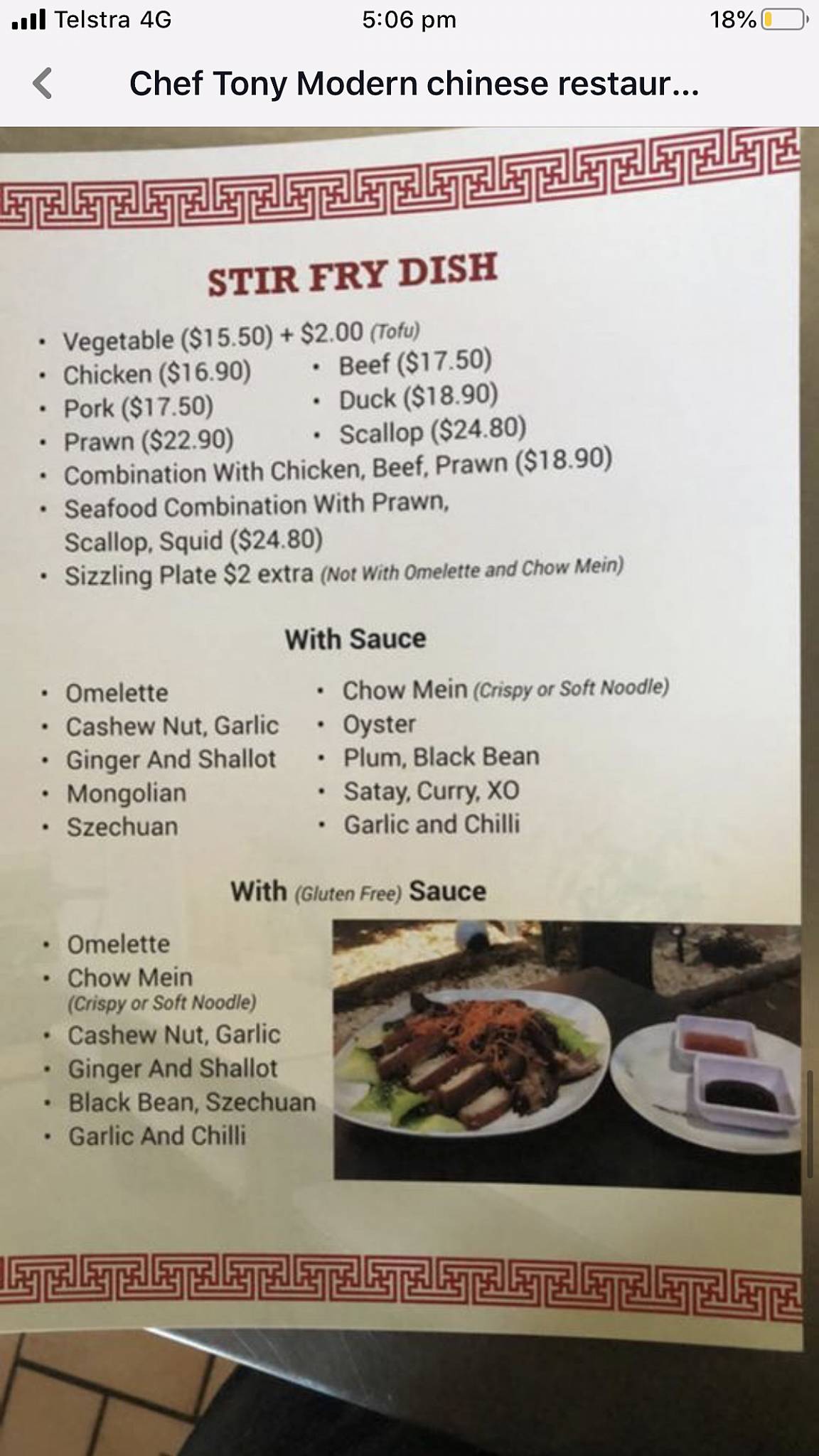 Menu at Chef Tony's Modern Chinese Restaurant, Bomaderry