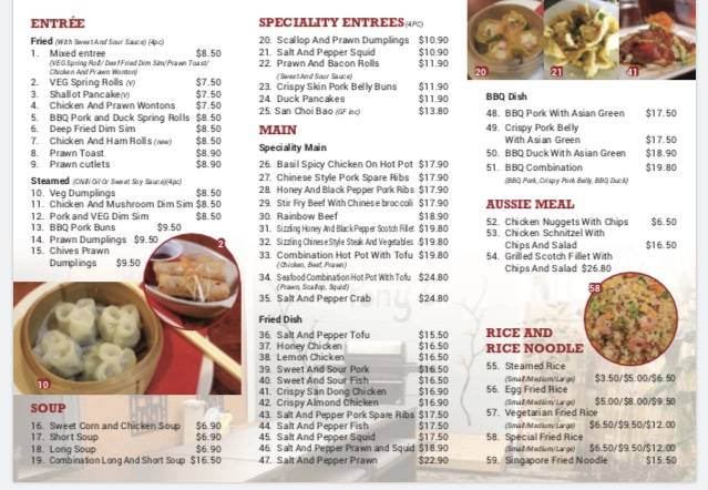 Menu at Chef Tony's Modern Chinese Restaurant, Bomaderry